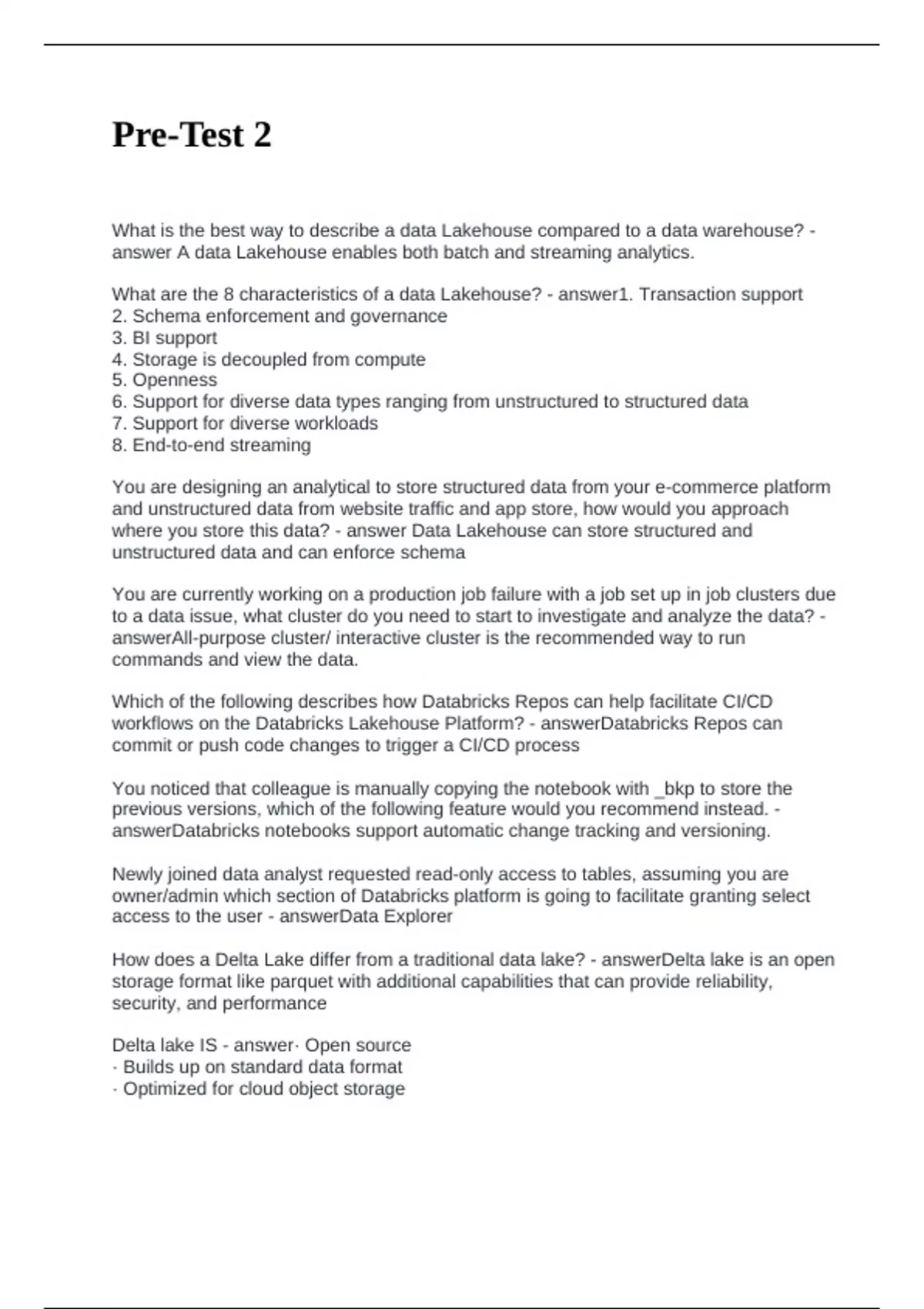 Pre-Test 2 Questions with Solutions - Databricks Lakehouse - Stuvia US