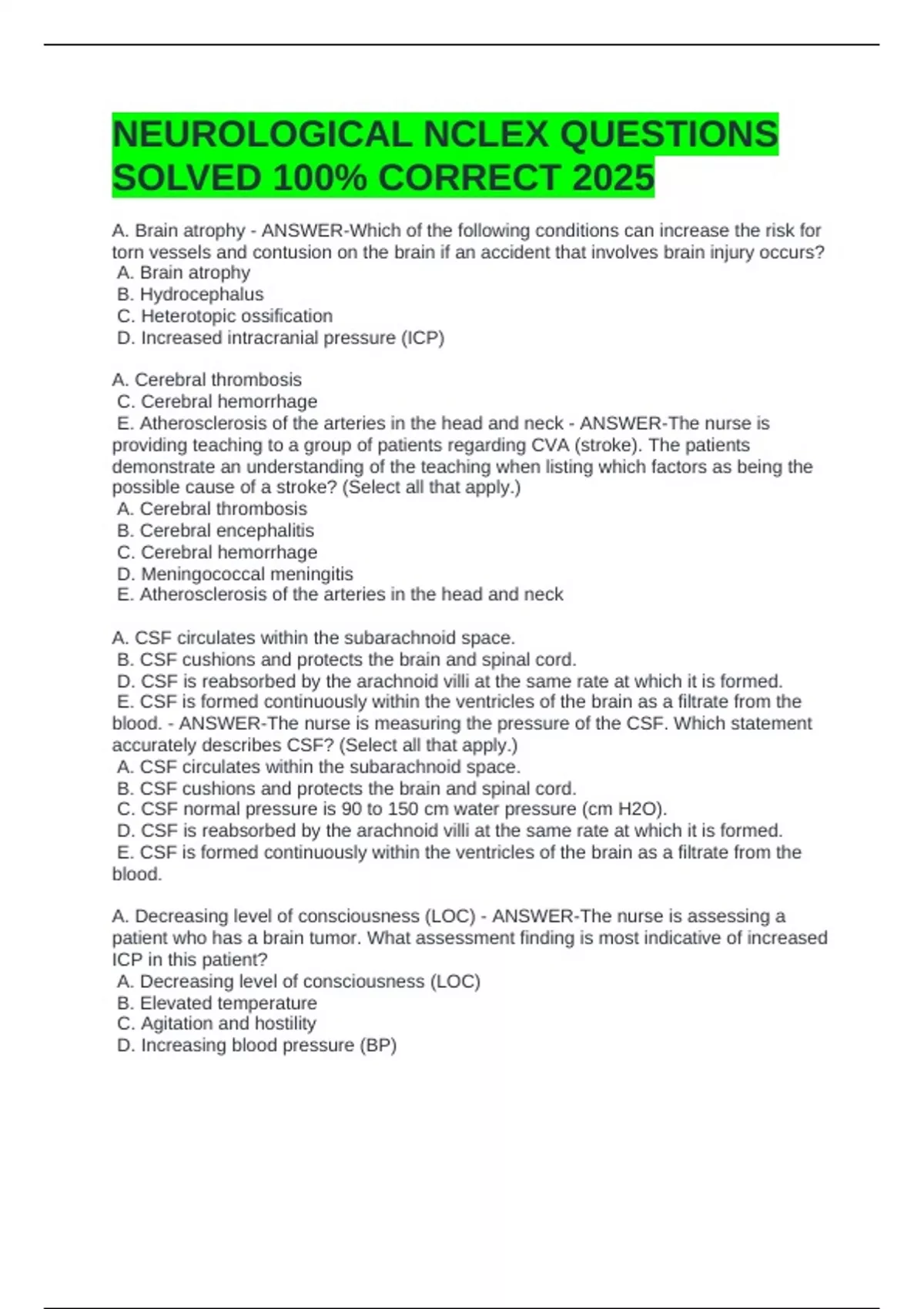 NEUROLOGICAL NCLEX QUESTIONS SOLVED 100% CORRECT 2025 - NCLEX - Stuvia US