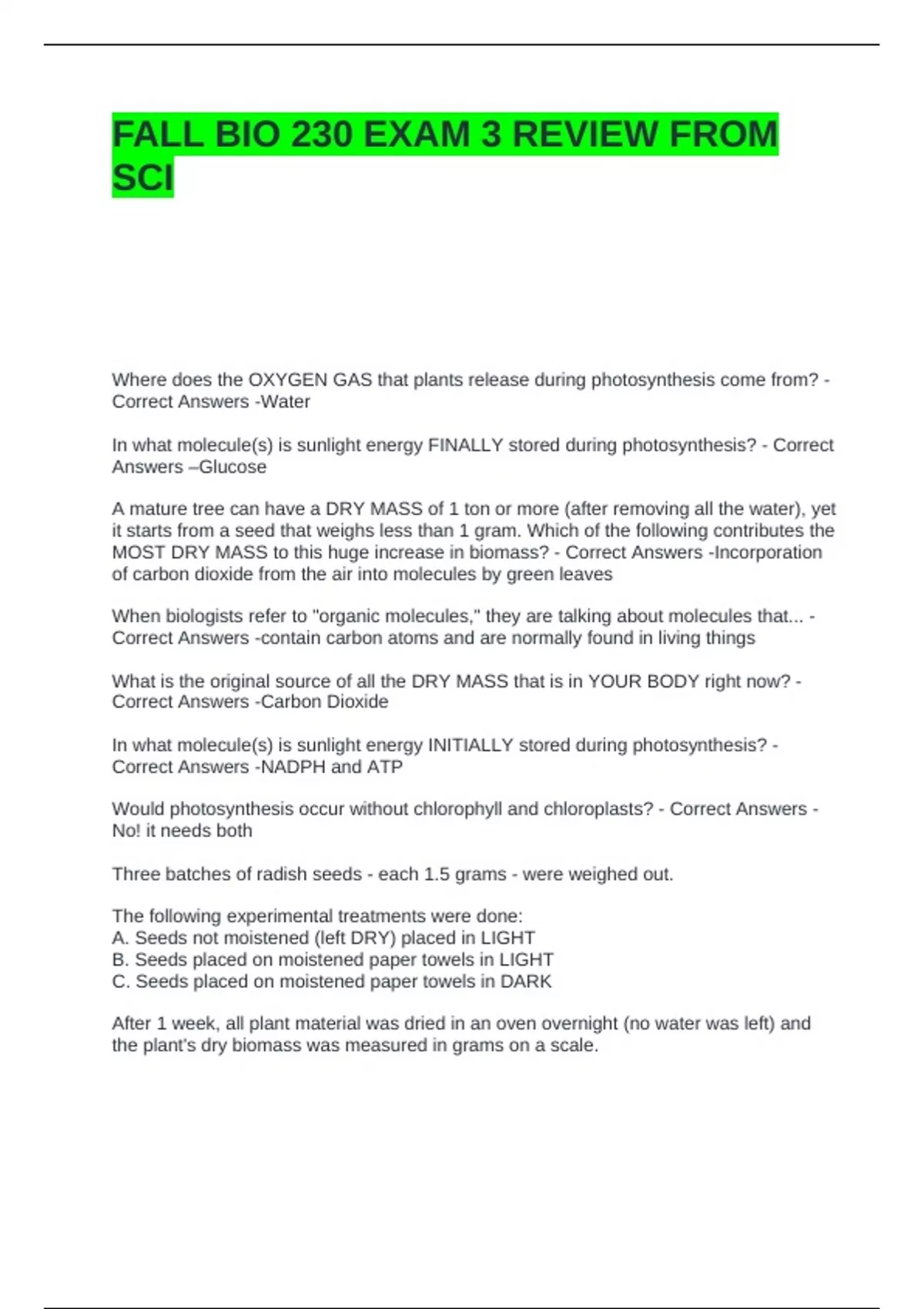 FALL BIO 230 EXAM 3 REVIEW FROM SCI QUESTIONS WITH CORRECT ANSWERS ...