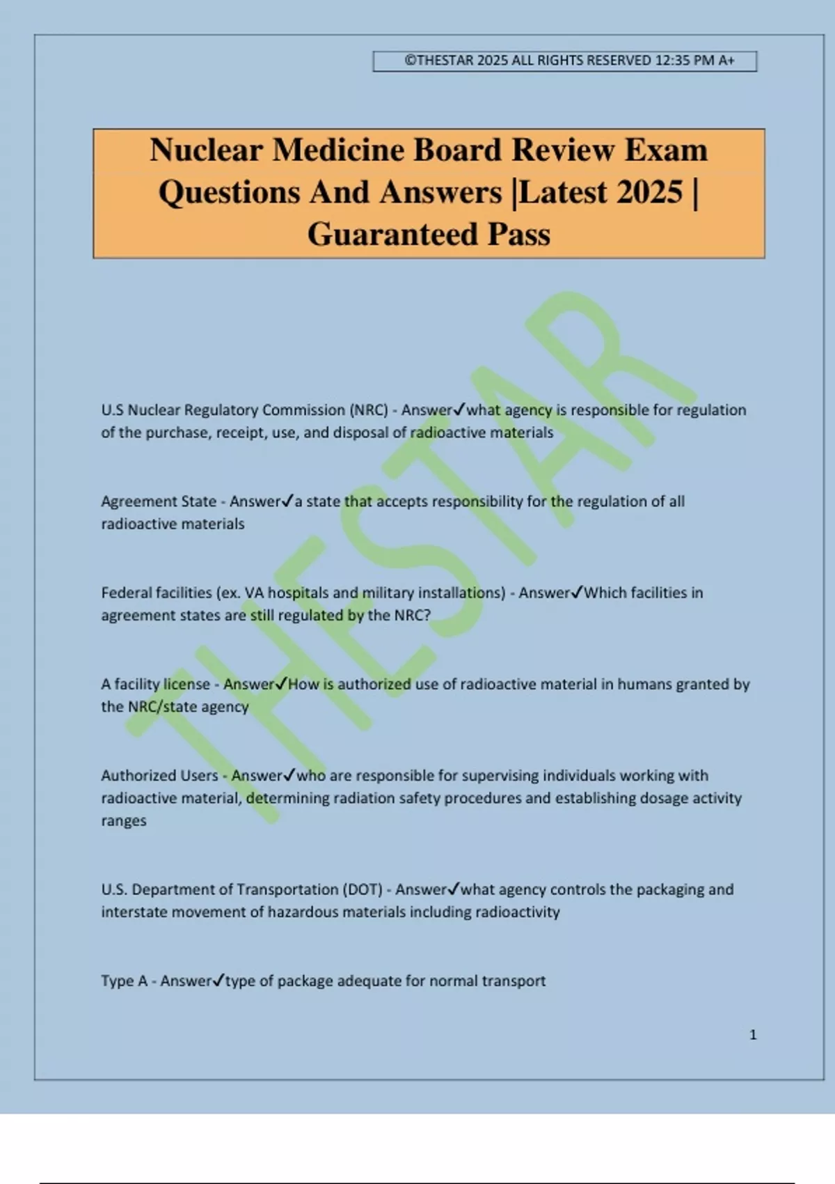 Nuclear Medicine Board Review Exam Questions And Answers |Latest 2025 ...