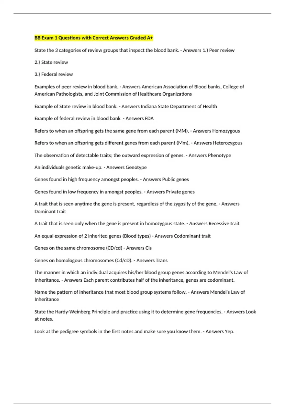 BB Exam 1 Questions with Correct Answers Graded A+ - BB. - Stuvia US