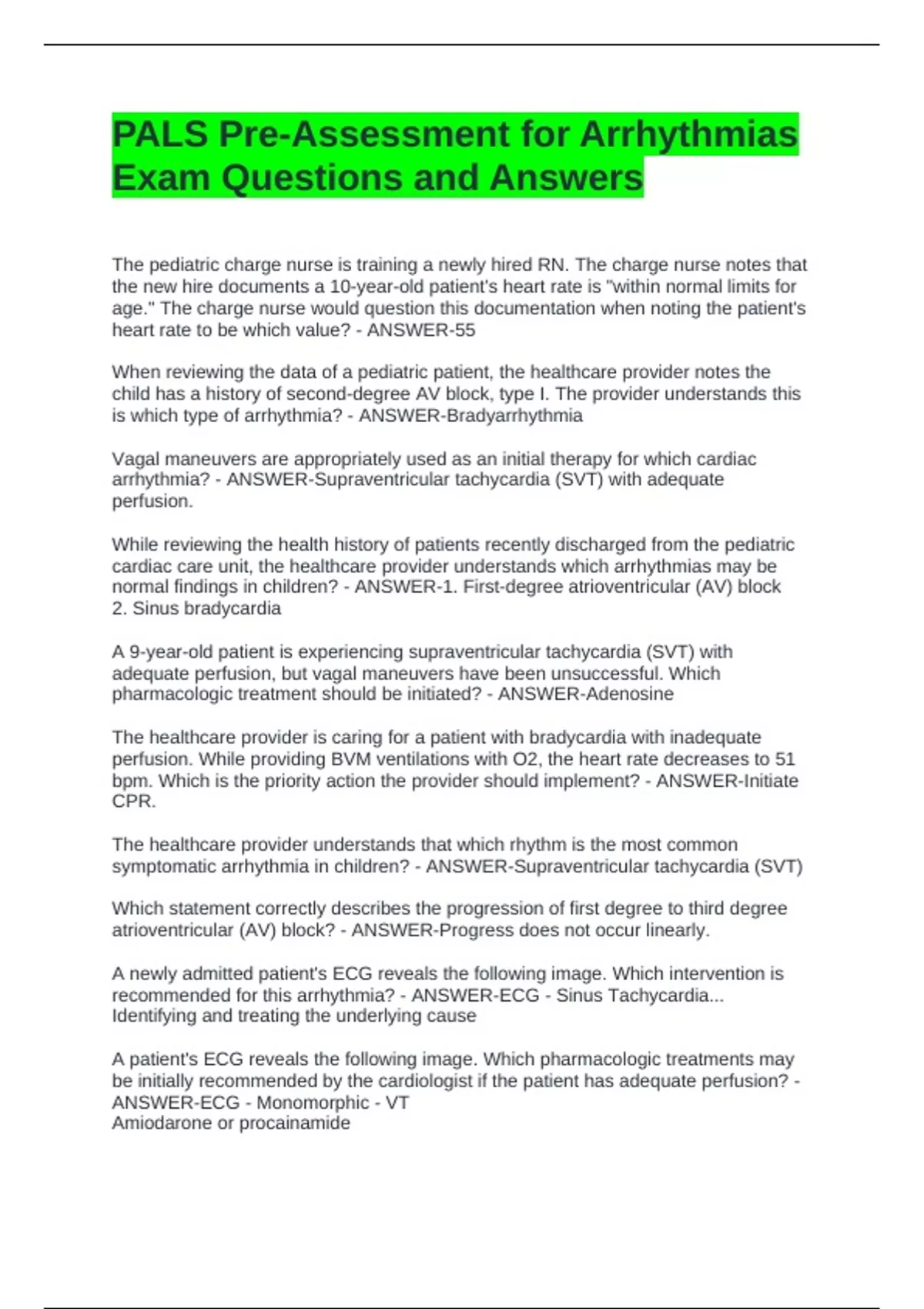 PALS Pre-Assessment for Arrhythmias Exam Questions and Answers - ABPD ...