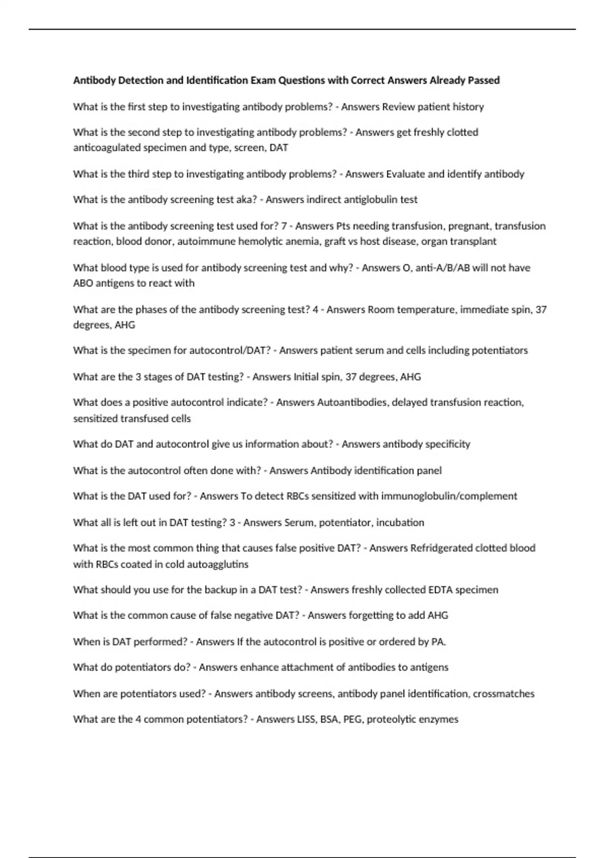 Antibody Detection and Identification Exam Questions with Correct ...