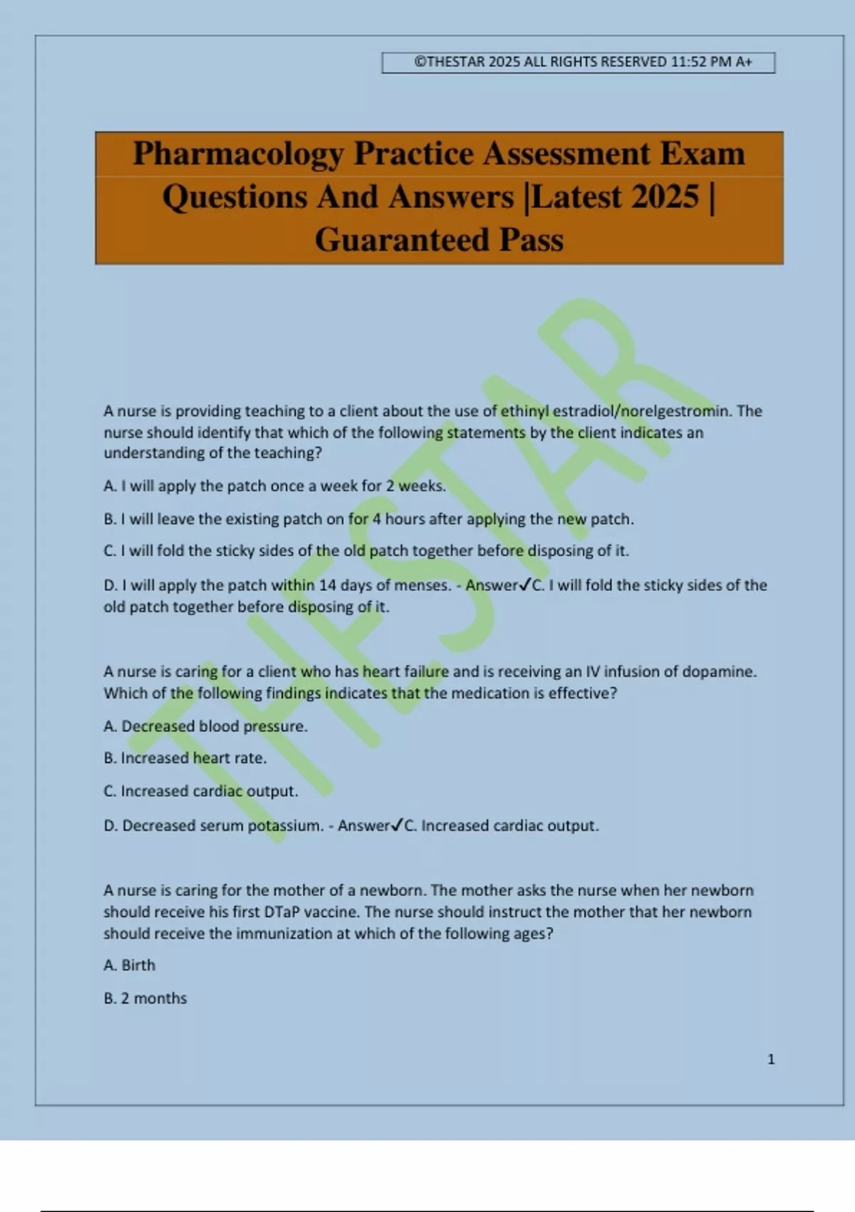Pharmacology Practice Assessment Exam Questions And Answers |Latest ...