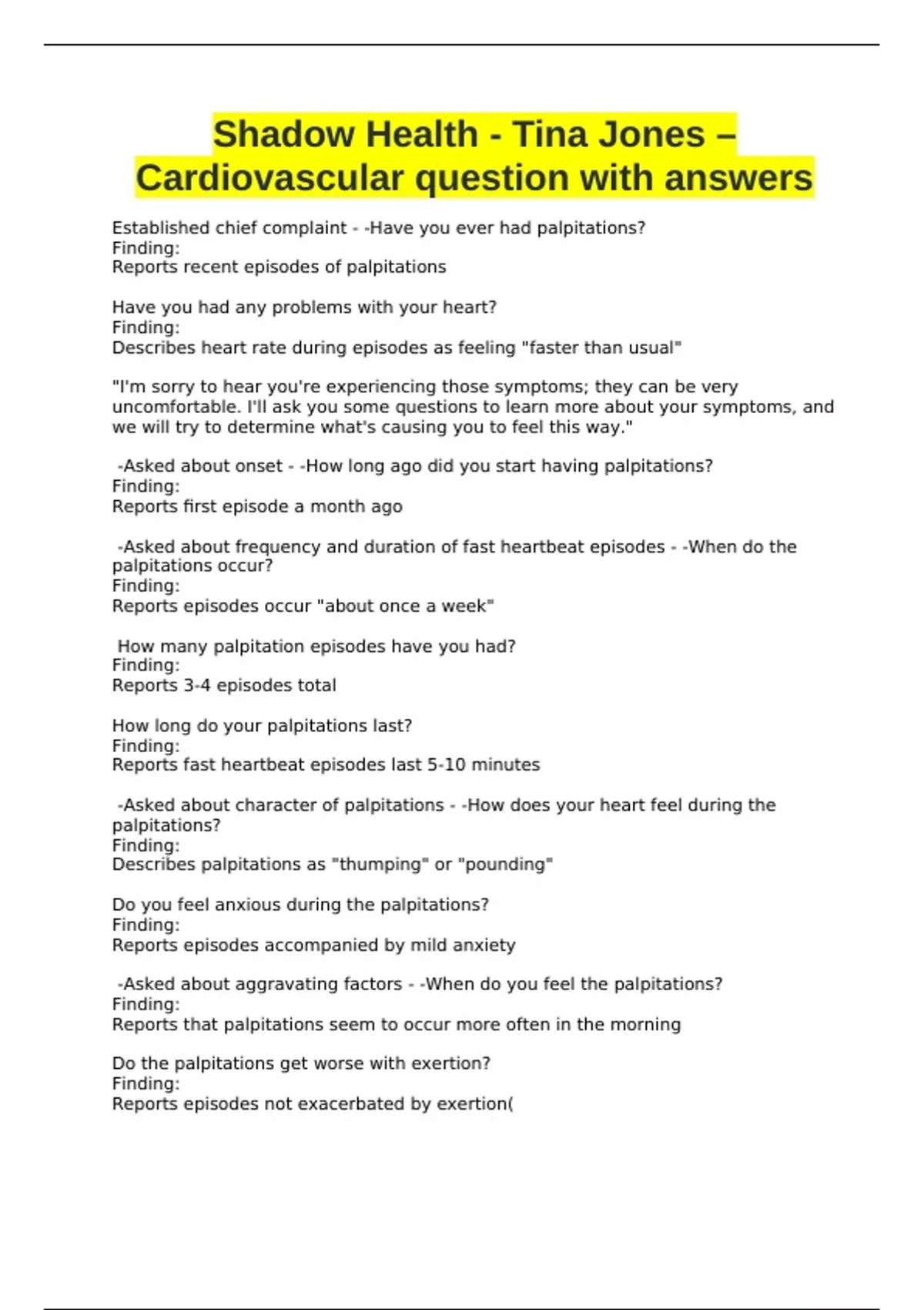 Shadow Health - Tina Jones – Cardiovascular question with answers - Shadow Health - Tina Jones ...