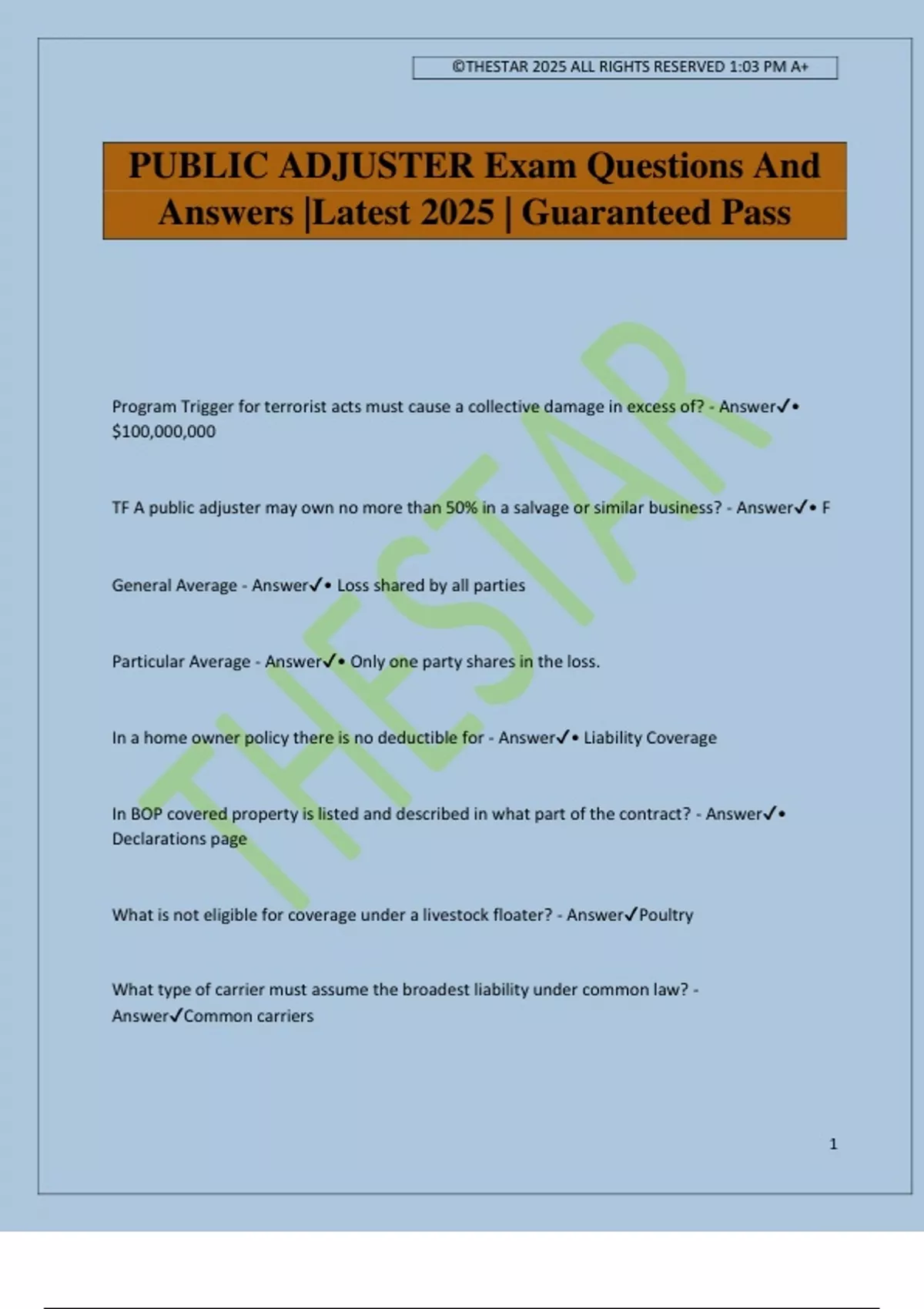 PUBLIC ADJUSTER Exam Questions And Answers |Latest 2025 | Guaranteed ...
