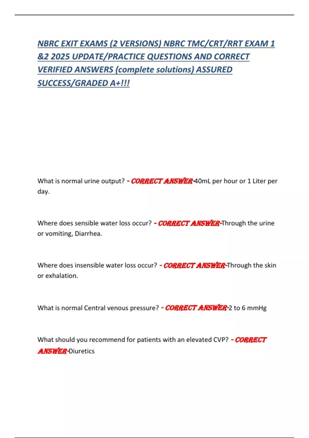 NBRC EXIT EXAMS (2 VERSIONS) NBRC TMC/CRT/RRT EXAM 1 &2 2025 UPDATE ...