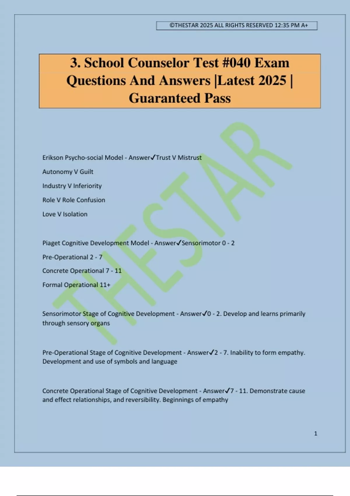3. School Counselor Test #040 Exam Questions And Answers |Latest 2025 ...