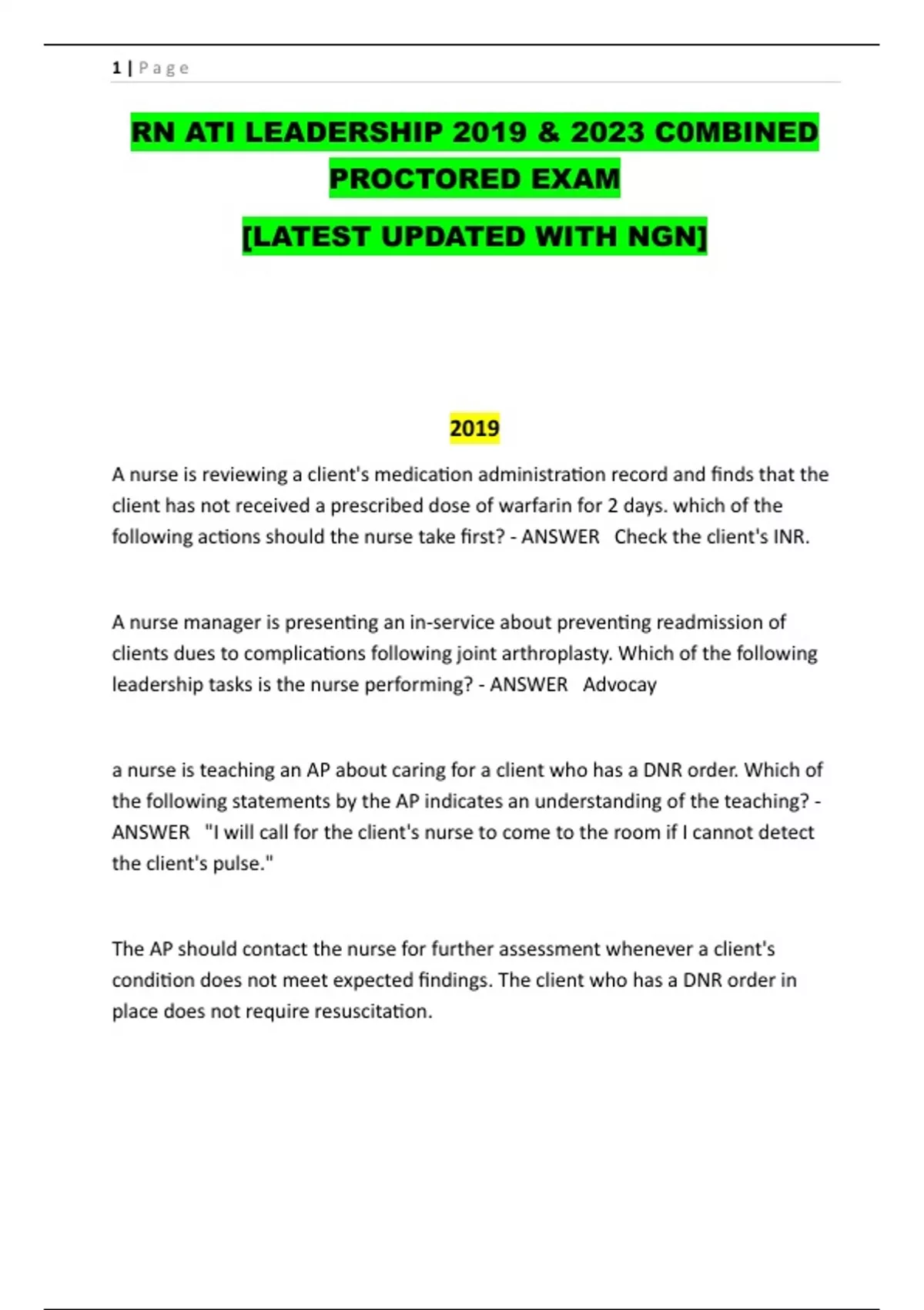 RN ATI LEADERSHIP 2019 & 2023 C0MBINED PROCTORED EXAM [LATEST UPDATED ...