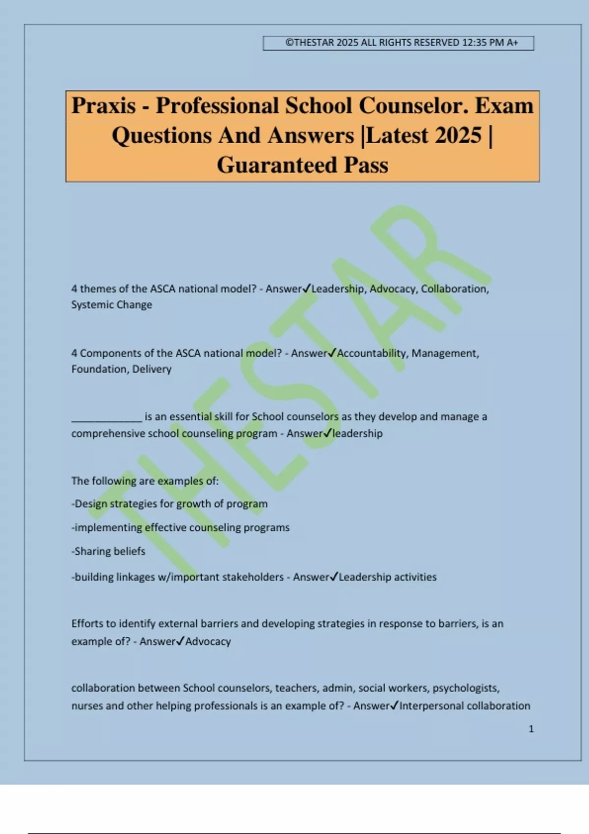 Praxis - Professional School Counselor. Exam Questions And Answers ...
