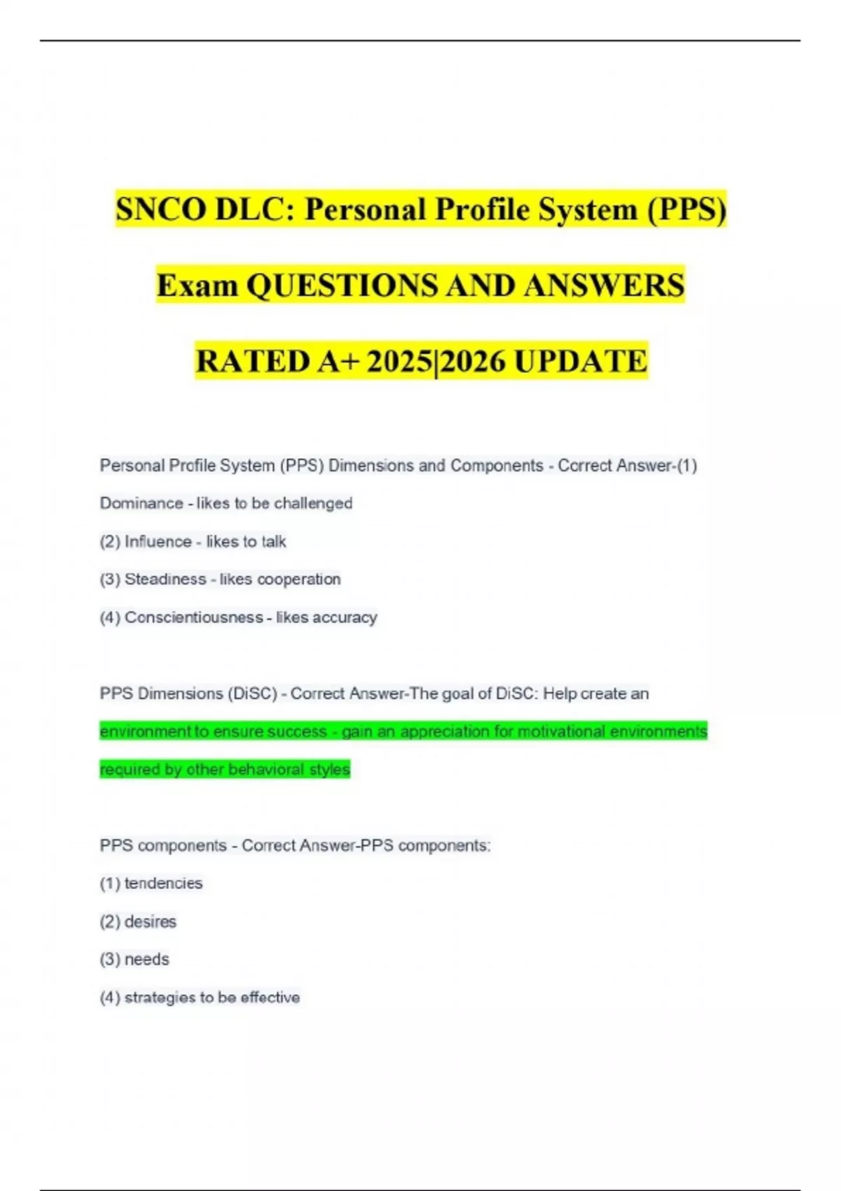 SNCO DLC: Personal Profile System (PPS) Exam QUESTIONS AND ANSWERS ...