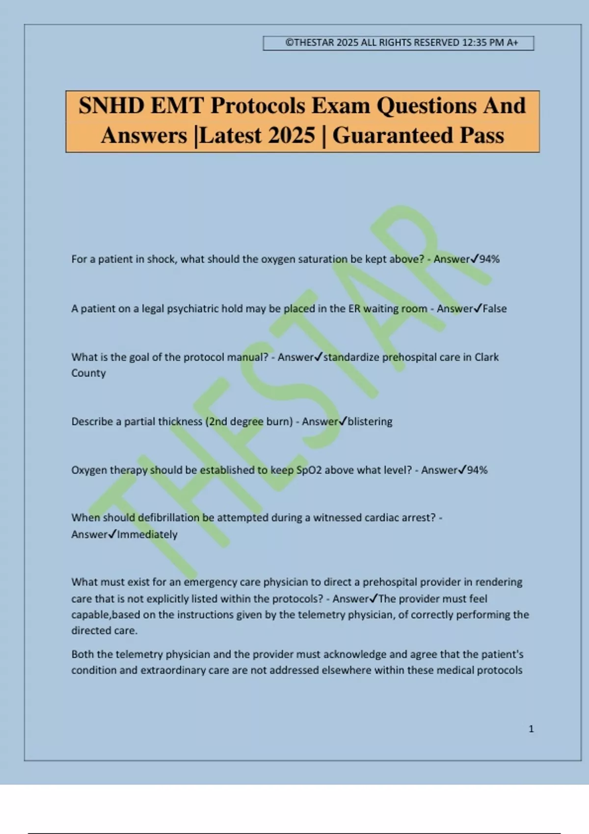 SNHD EMT Protocols Exam Questions And Answers |Latest 2025 | Guaranteed ...