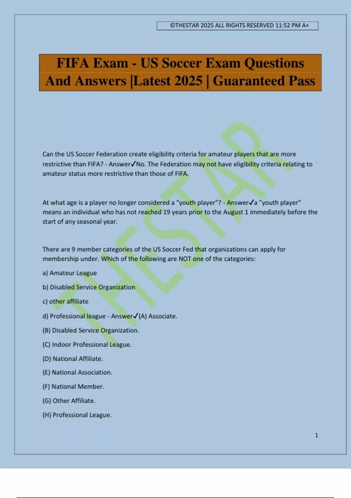 FIFA Exam - US Soccer Exam Questions And Answers |Latest 2025 ...