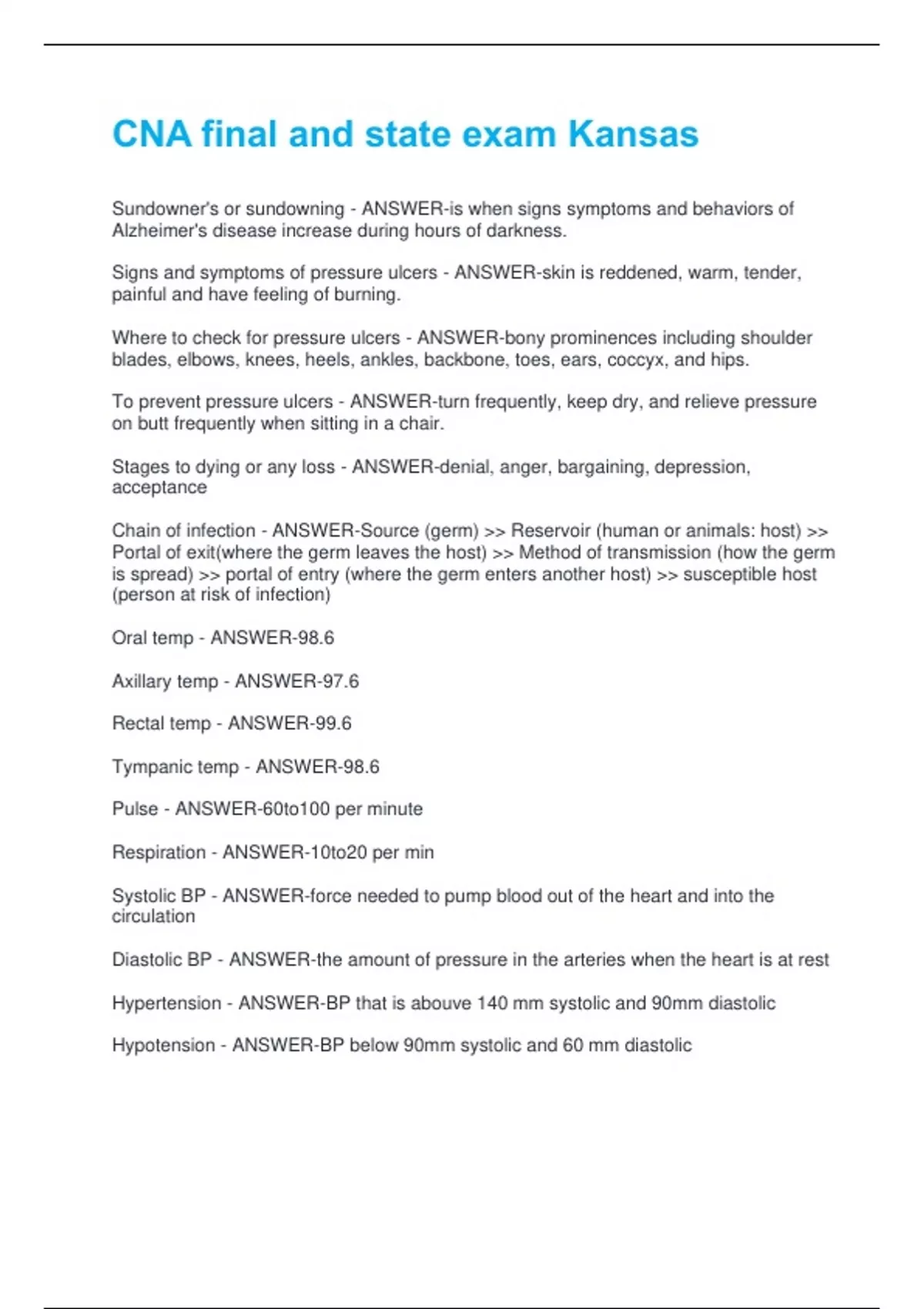 CNA final and state exam Kansas 2025 Questions with Correct Answers| New Version with complete ...