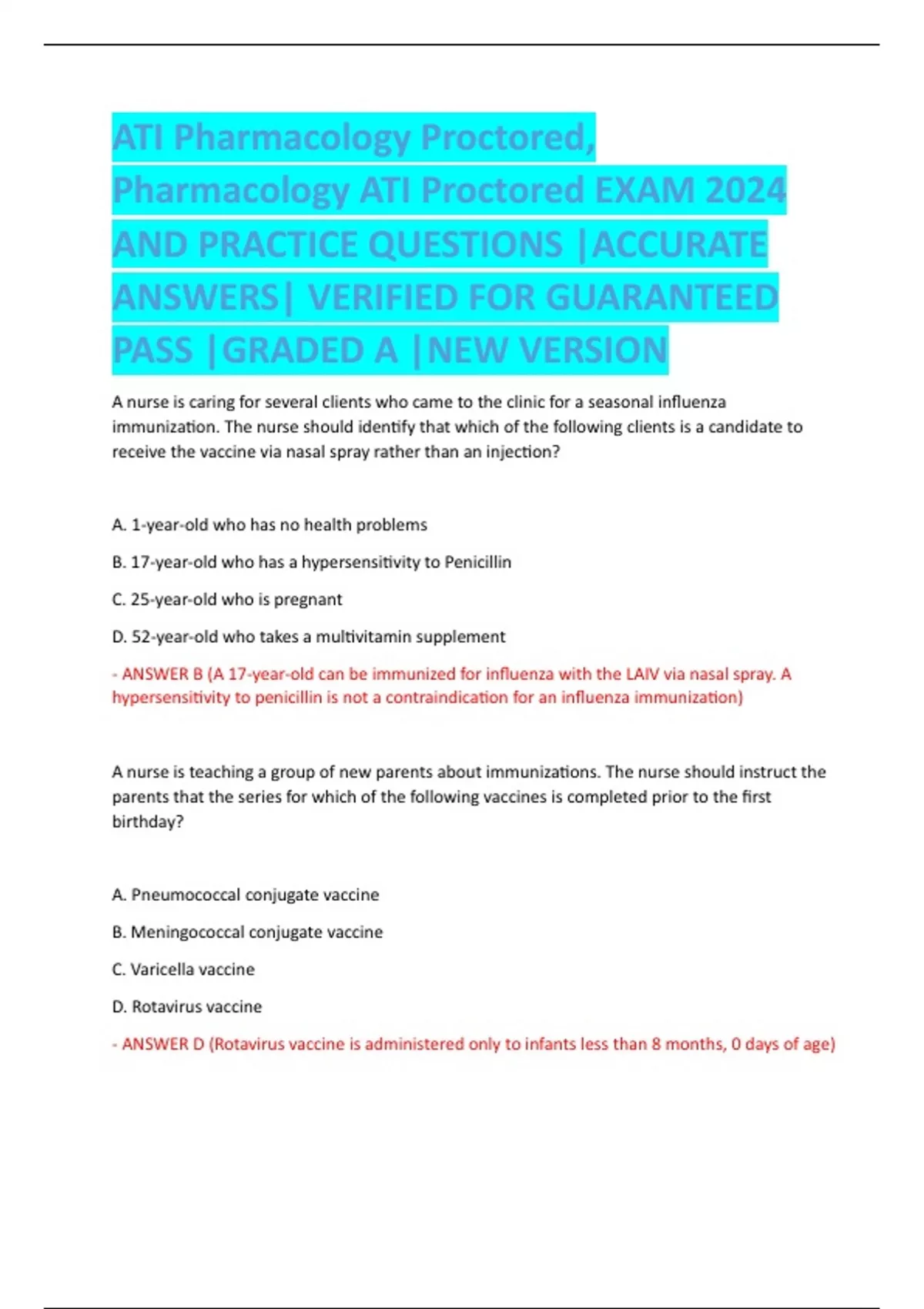 ATI PN Fundamentals Proctored Exam ACCURATE TESTED VERSIONS OF THE EXAM ...