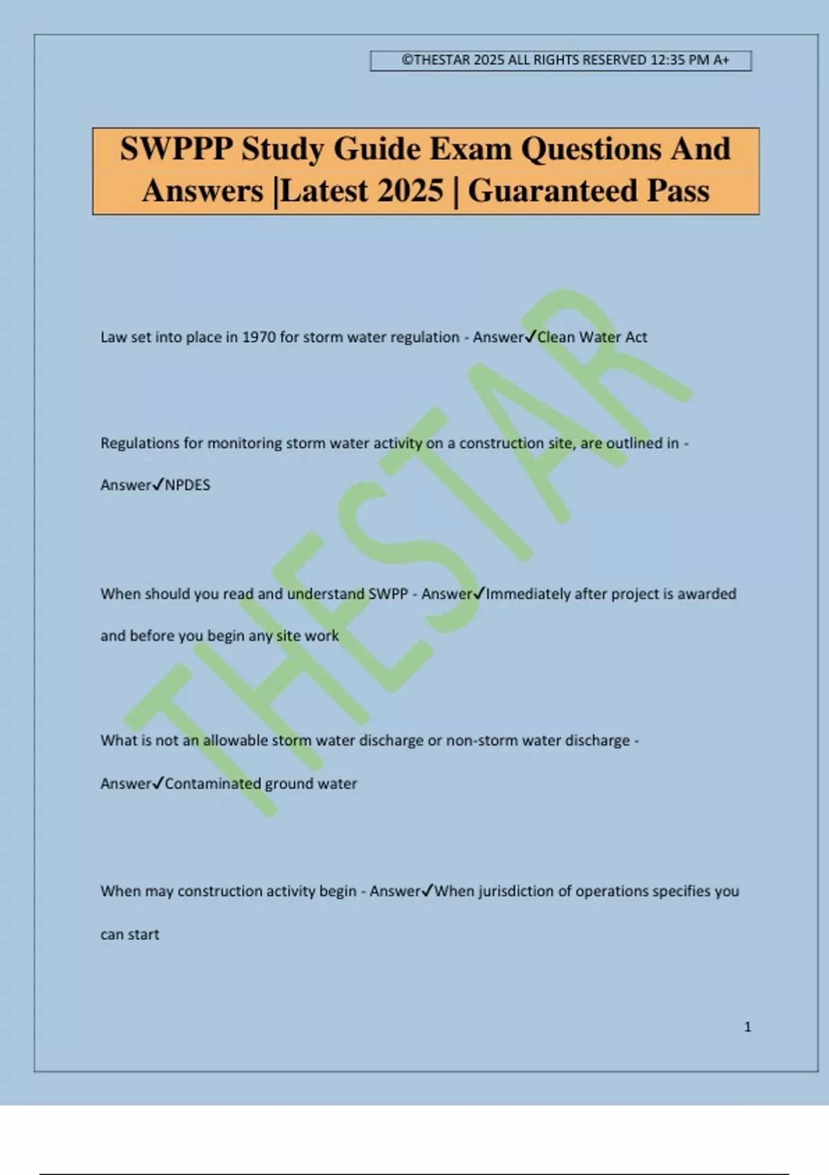 SWPPP Study Guide Exam Questions And Answers |Latest 2025 | Guaranteed ...