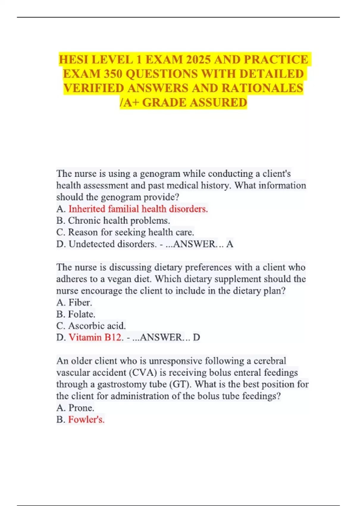 HESI LEVEL 1 EXAM 2025 AND PRACTICE EXAM 350 QUESTIONS WITH DETAILED ...
