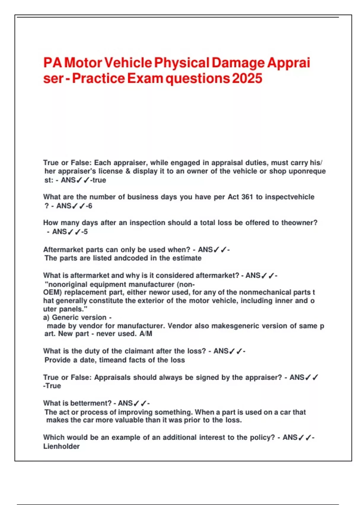 Pa motor vehicle physical damage appraiser practice exam questions 2025 ...