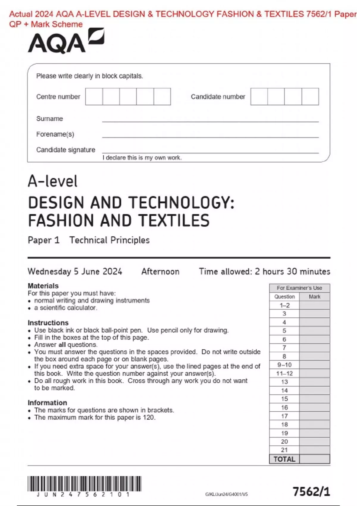 . Actual 2024 AQA A-LEVEL DESIGN & TECHNOLOGY FASHION & TEXTILES 7562/1 ...