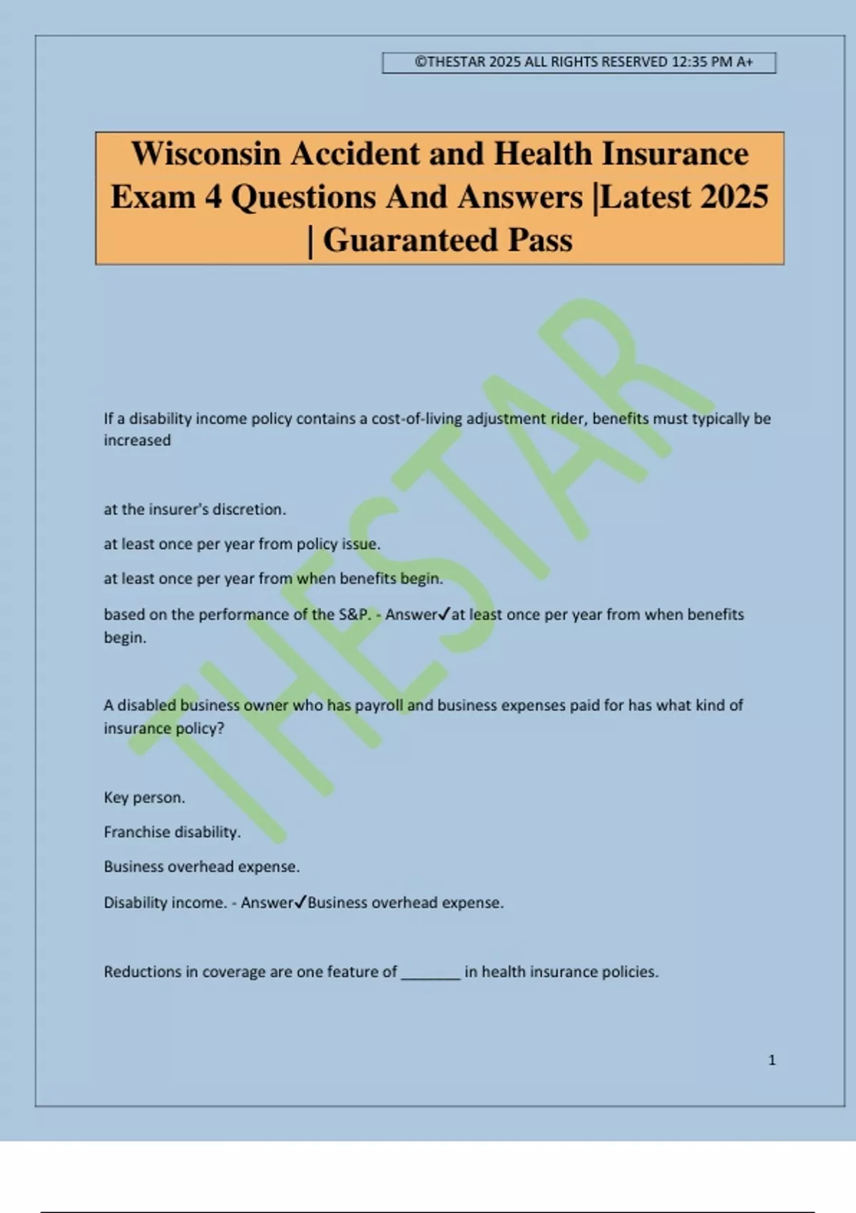 Wisconsin Accident and Health Insurance Exam 4 Questions And Answers ...