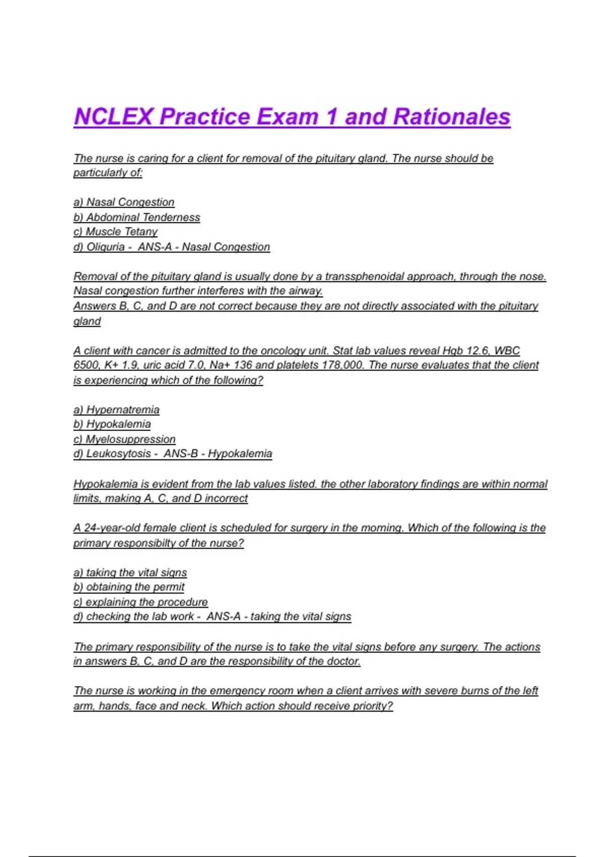 NCLEX Practice Exam 1 and Rationales Questions with correct Answers ...