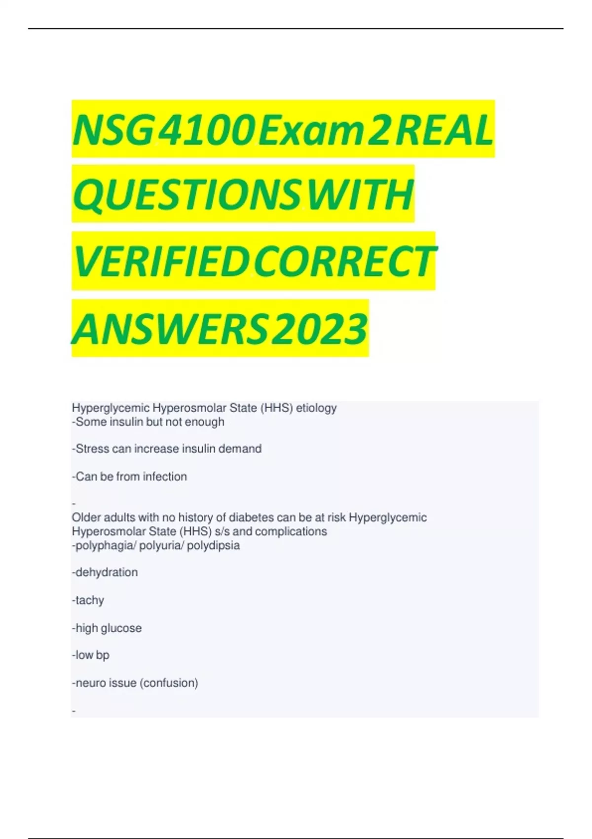 Nsg 4100 exam 2 real questions with verified correct answers 2023 - Nsg ...