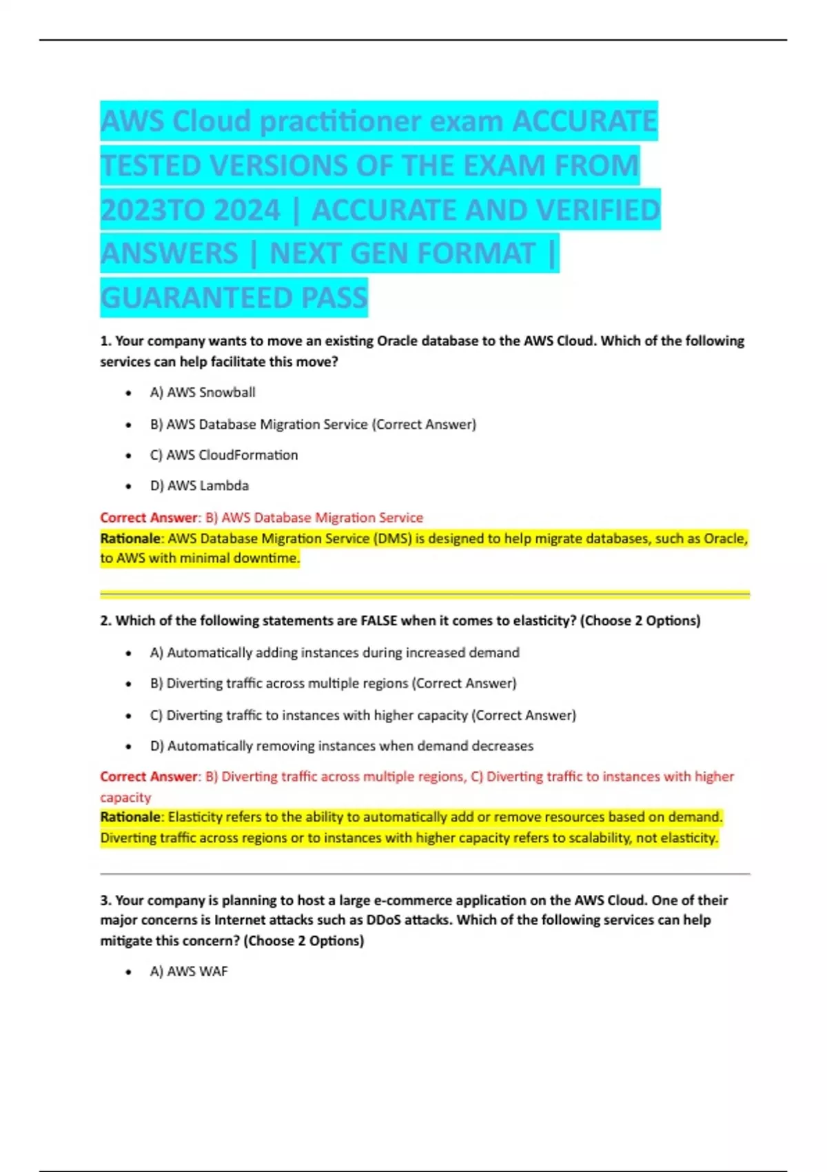 AWS Cloud practitioner exam ACCURATE TESTED VERSIONS OF THE EXAM FROM ...