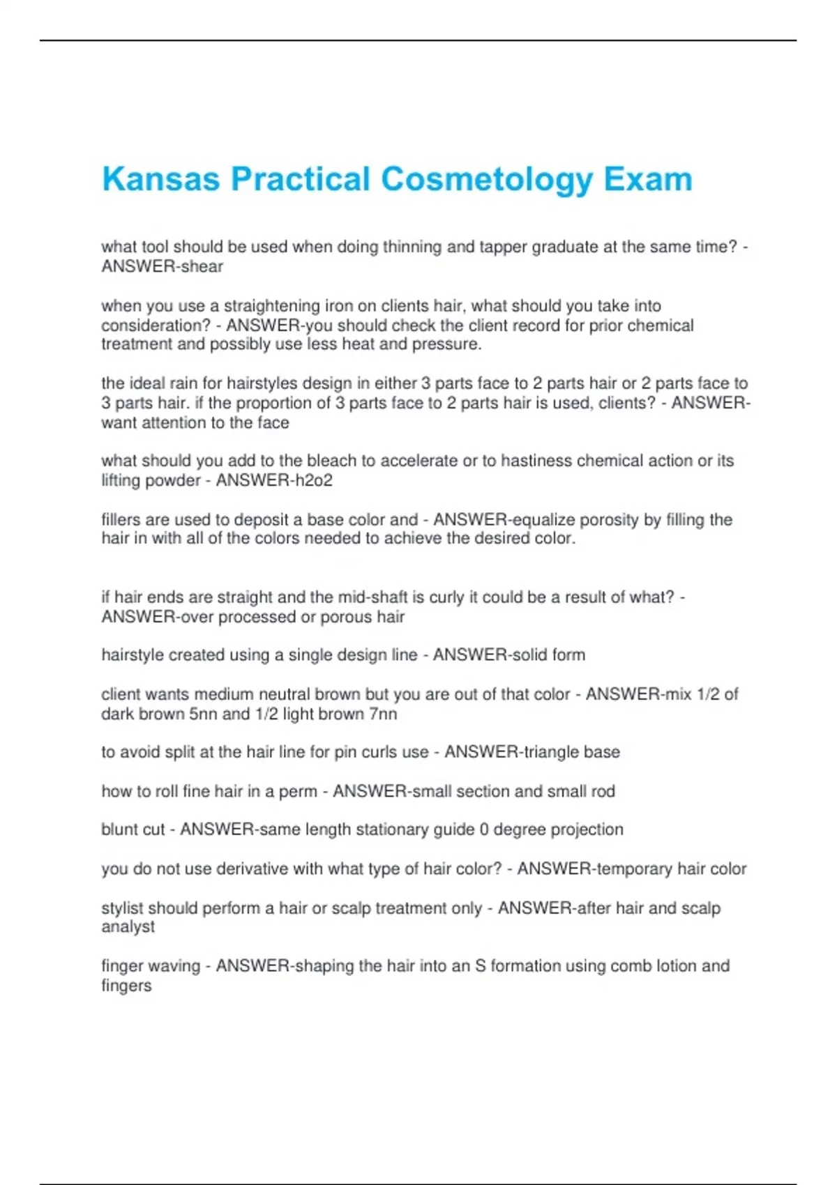 Kansas Practical Cosmetology Exam 2025 Questions with Correct Answers| New Version with complete ...