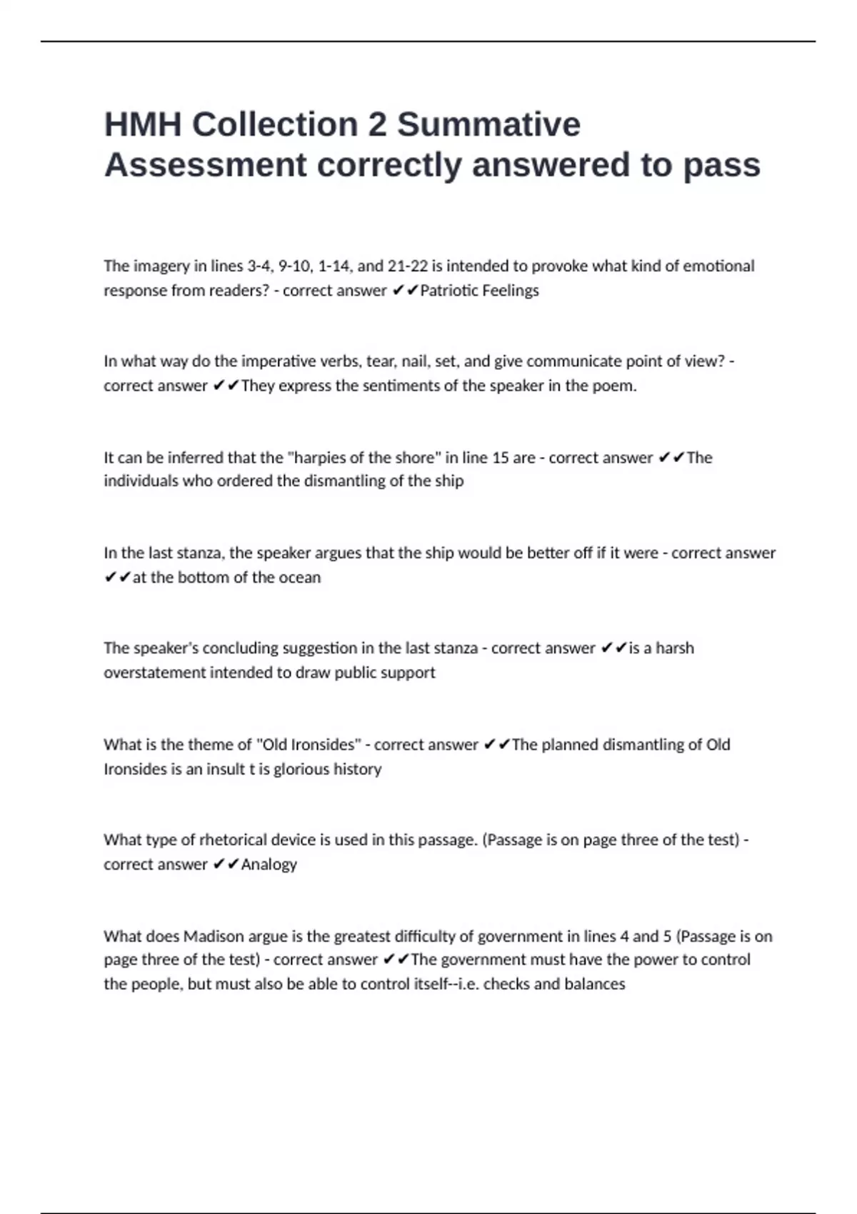 HMH Collection 2 Summative Assessment correctly answered to pass - HMH ...