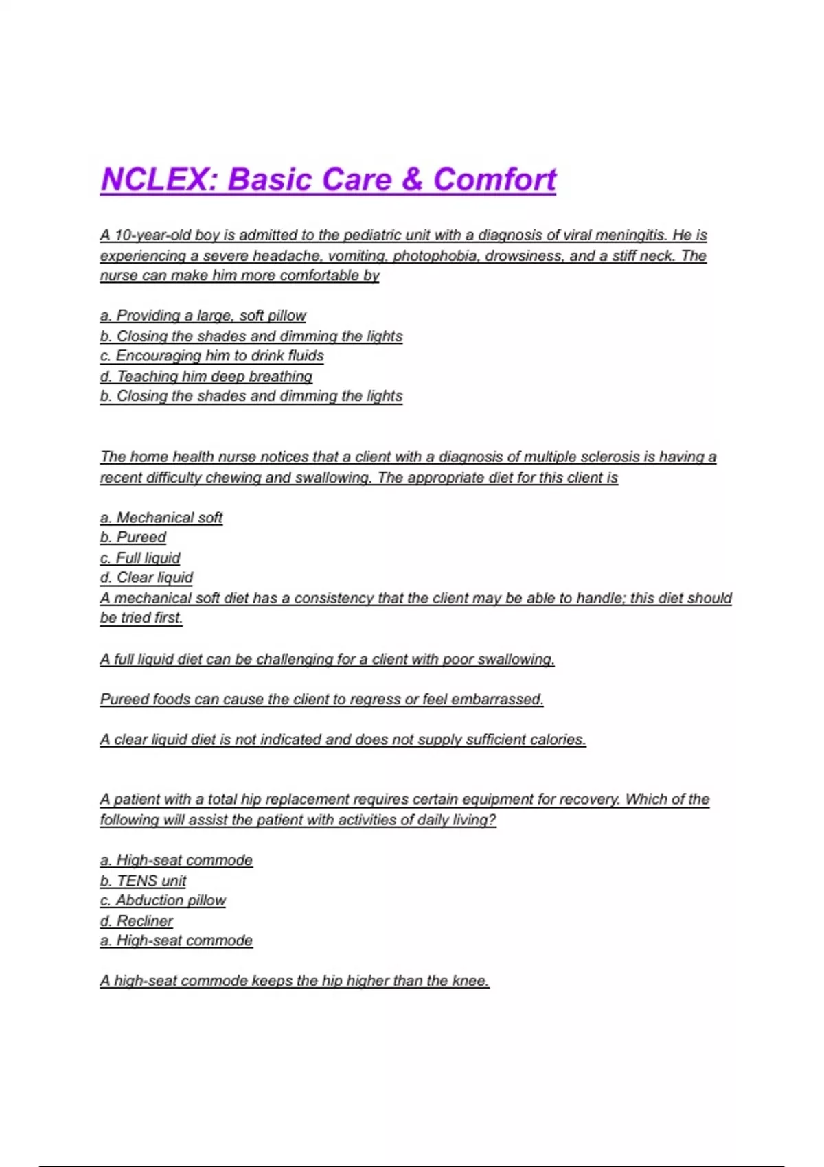 NCLEX: Basic Care & Comfort Exam Questions with correct Answers 2025/ ...