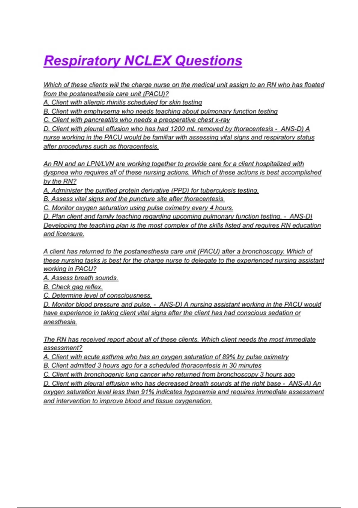 Respiratory NCLEX Questions with correct Answers 2025/2026( A+ GRADED ...