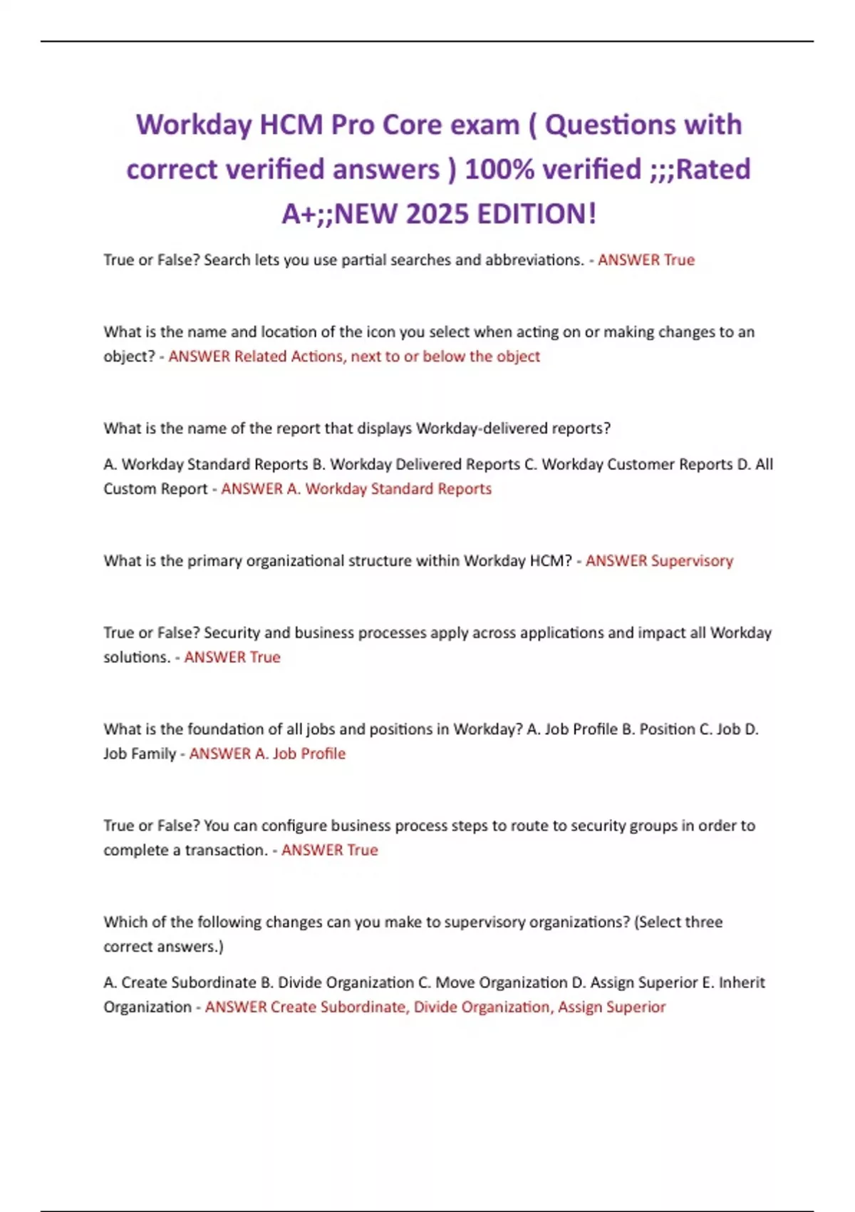 Workday HCM Pro Core exam ( Questions with correct verified answers ) 100% verified ;;;Rated A+ ...