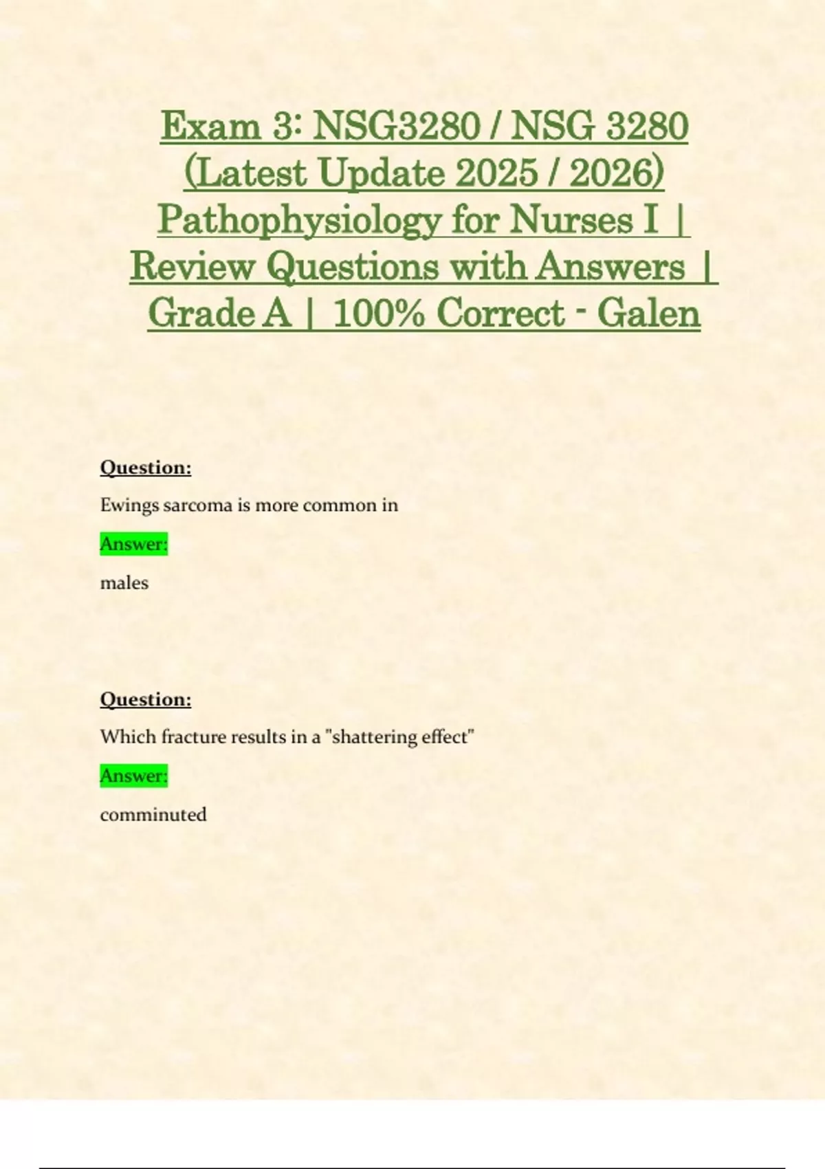 Exam 3: NSG3280 / NSG 3280 (Latest Update 2025 / 2026) Pathophysiology ...
