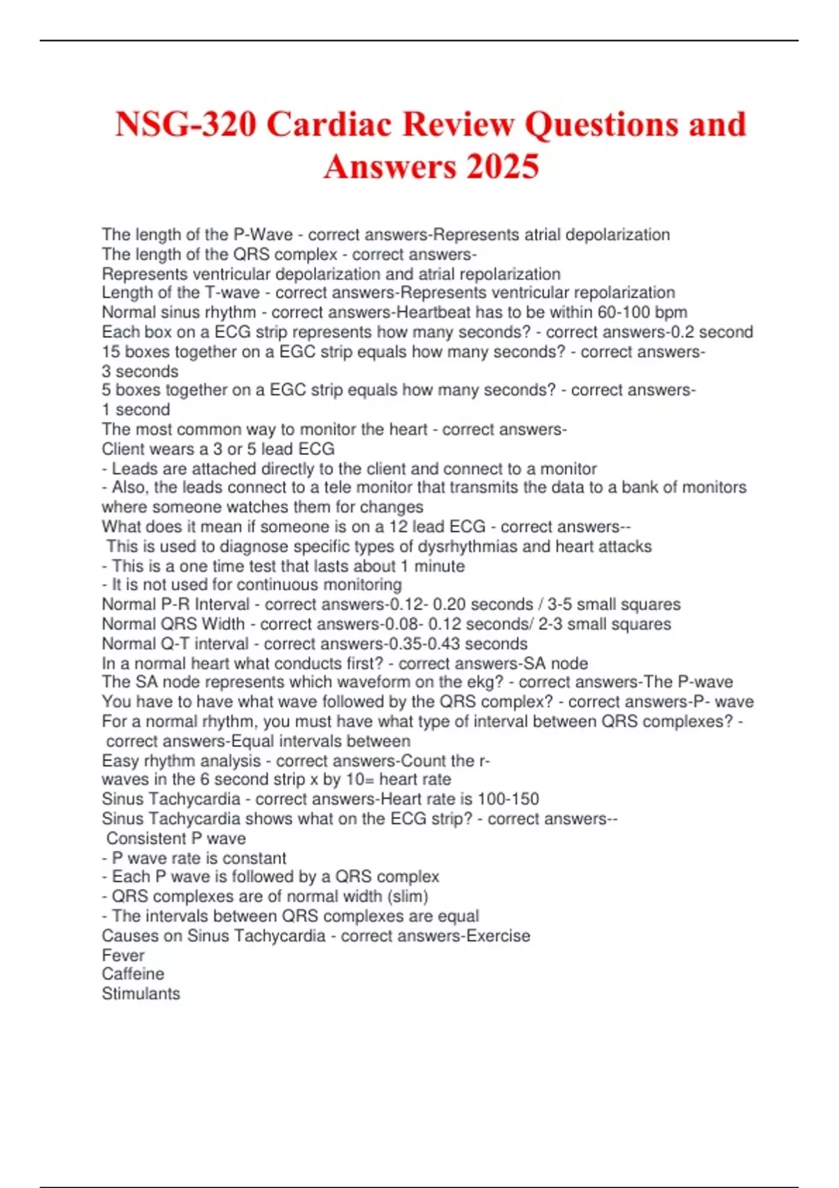 NSG-320 Cardiac Review Questions and Answers 2025 - NSG 320 - Stuvia US