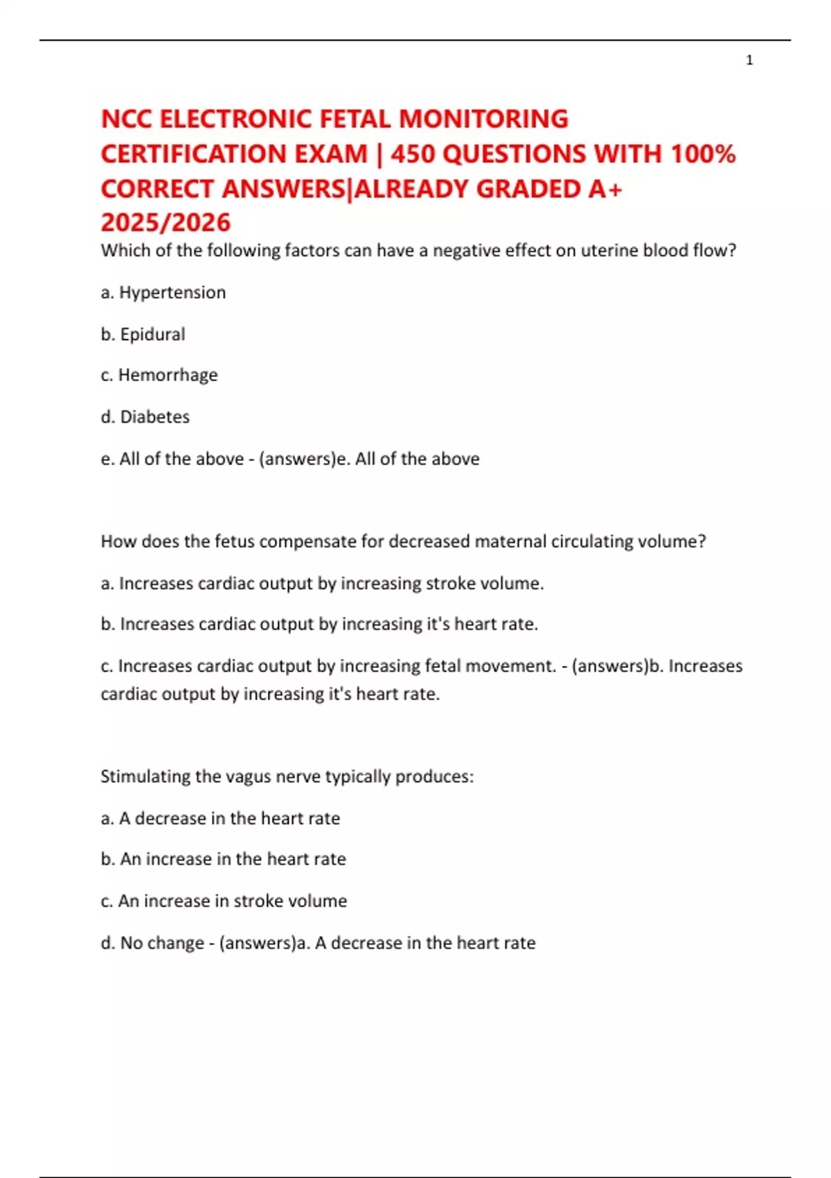 NCC ELECTRONIC FETAL MONITORING CERTIFICATION EXAM | 450 QUESTIONS WITH 100% CORRECT ANSWERS ...
