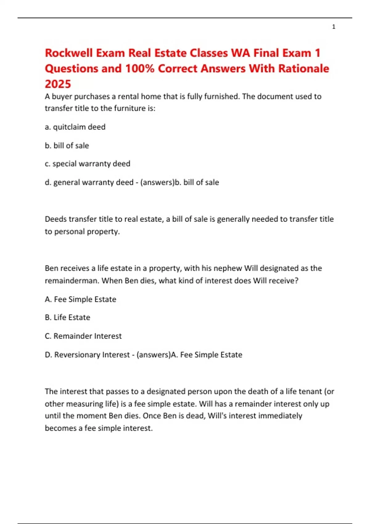 Rockwell Exam Real Estate Classes WA Final Exam 1 Questions and 100% ...