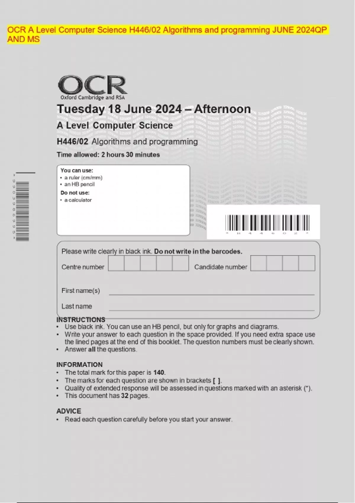 OCR A Level Computer Science H446/02 Algorithms and programming JUNE 2024QP AND MS - OCR - Stuvia US
