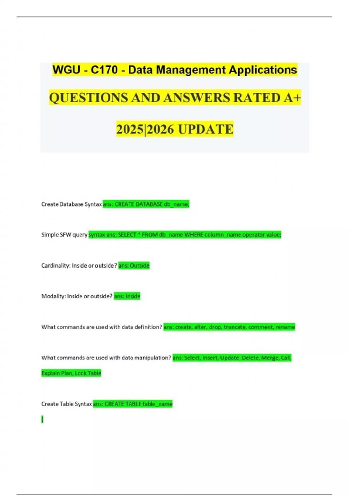 WGU - C170 - Data Management Applications QUESTIONS AND ANSWERS RATED ...