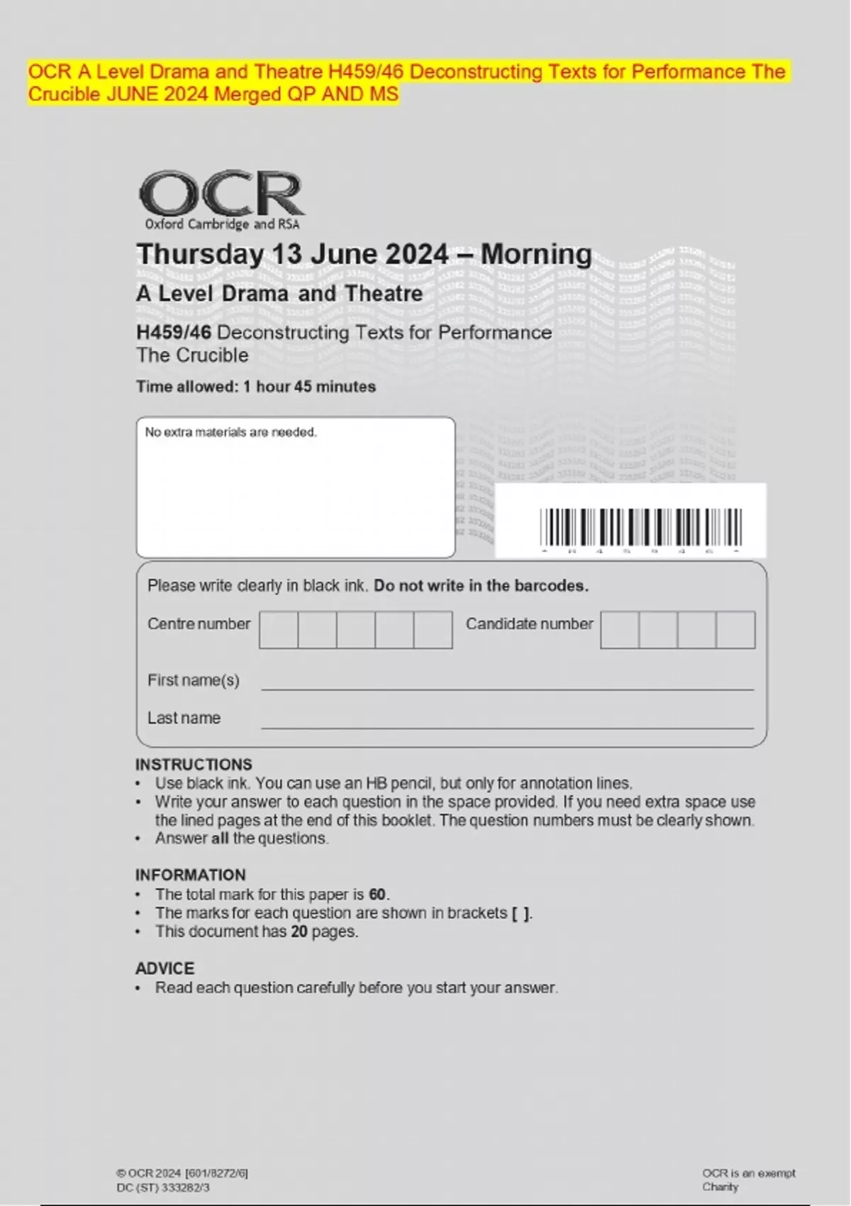 OCR A Level Drama and Theatre H459/46 Deconstructing Texts for Performance The Crucible JUNE ...