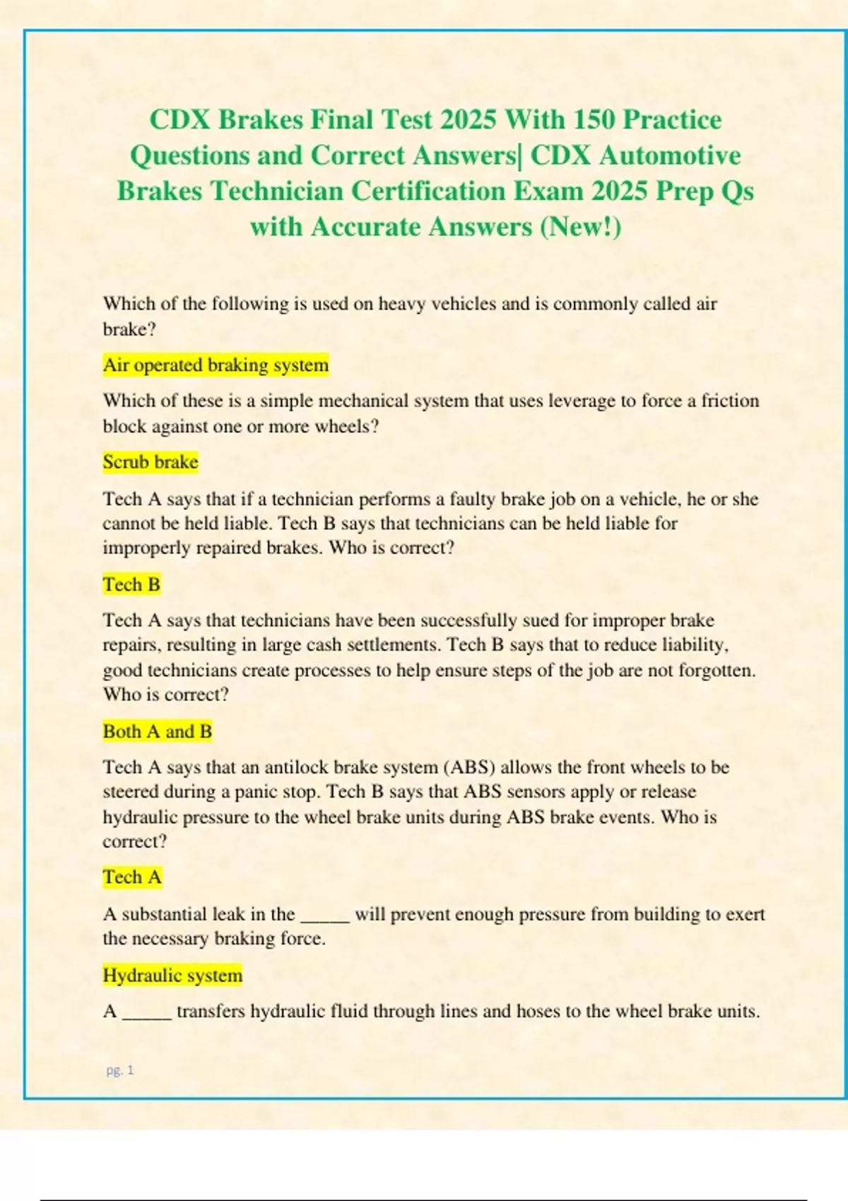 CDX Brakes Final Test 2025 With 150 Practice Questions and Correct ...