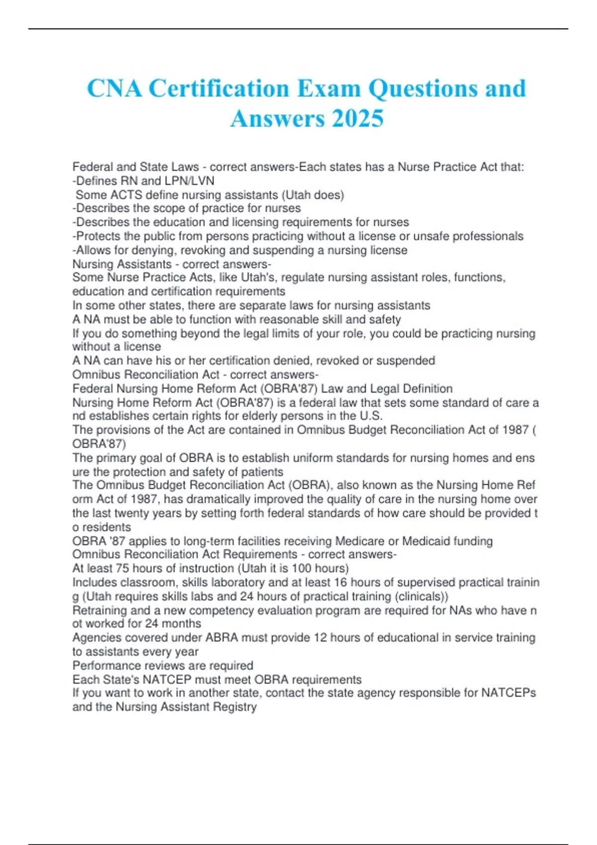 CNA Certification Exam Questions and Answers 2025 - CNA - Certified ...