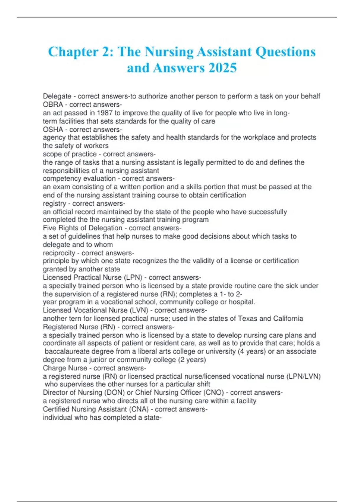 Chapter 2: The Nursing Assistant Questions and Answers 2025 - CNA ...