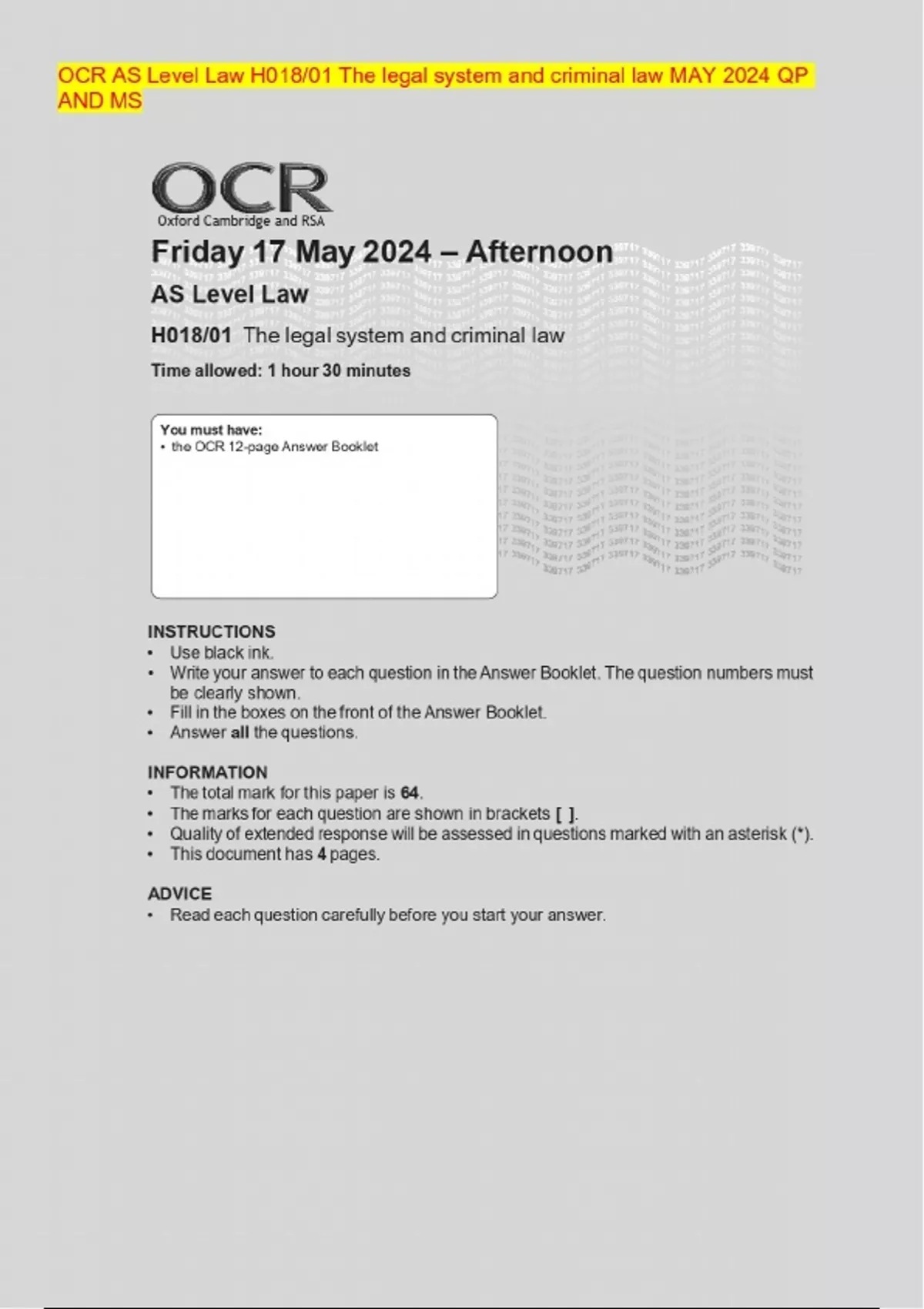 OCR AS Level Law H018/01 The legal system and criminal law MAY 2024 QP ...