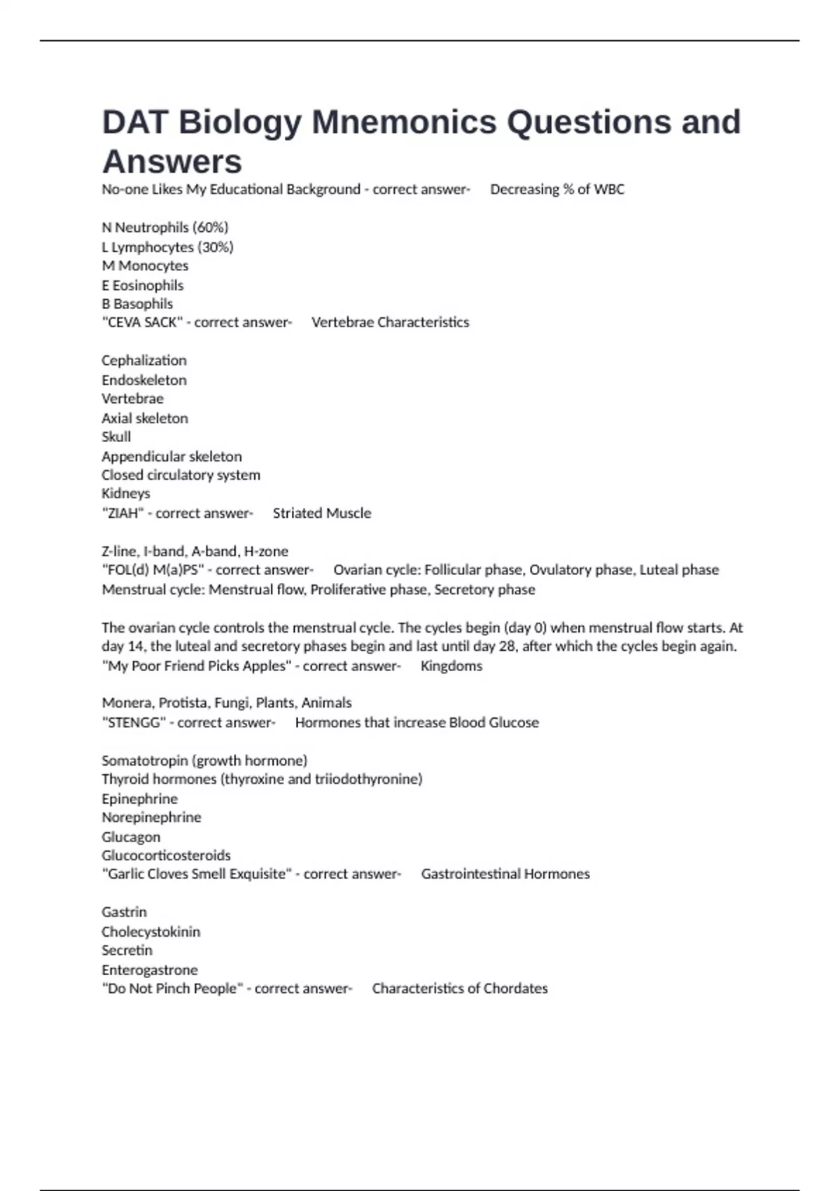 DAT Biology Mnemonics Questions and Answers - DAT Biology - Stuvia US