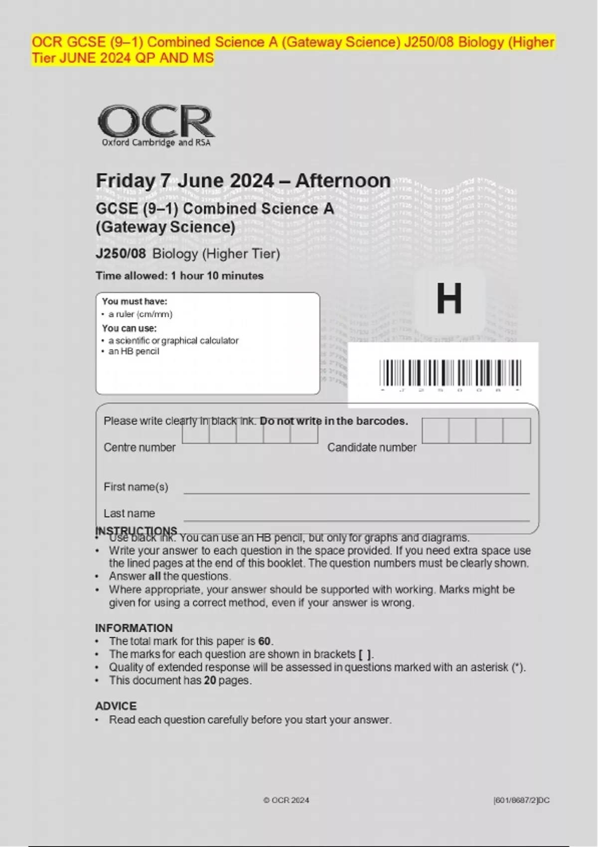 Ocr Gcse 9 1 Combined Science A Gateway Science J250 08 Biology Higher Tier June 2024 Qp