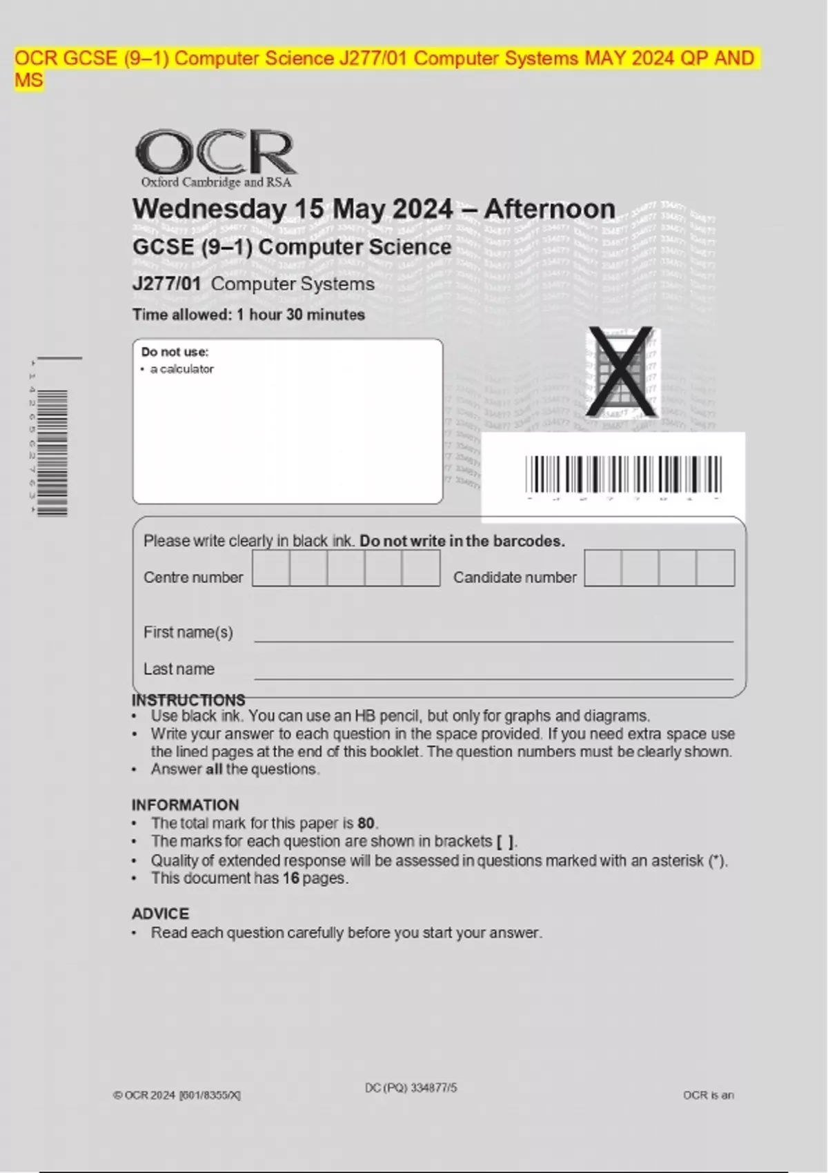 BUNDLE::: OCR GCSE (9–1) Computer Science 2024 Question Paper and Mark Scheme - Stuvia US