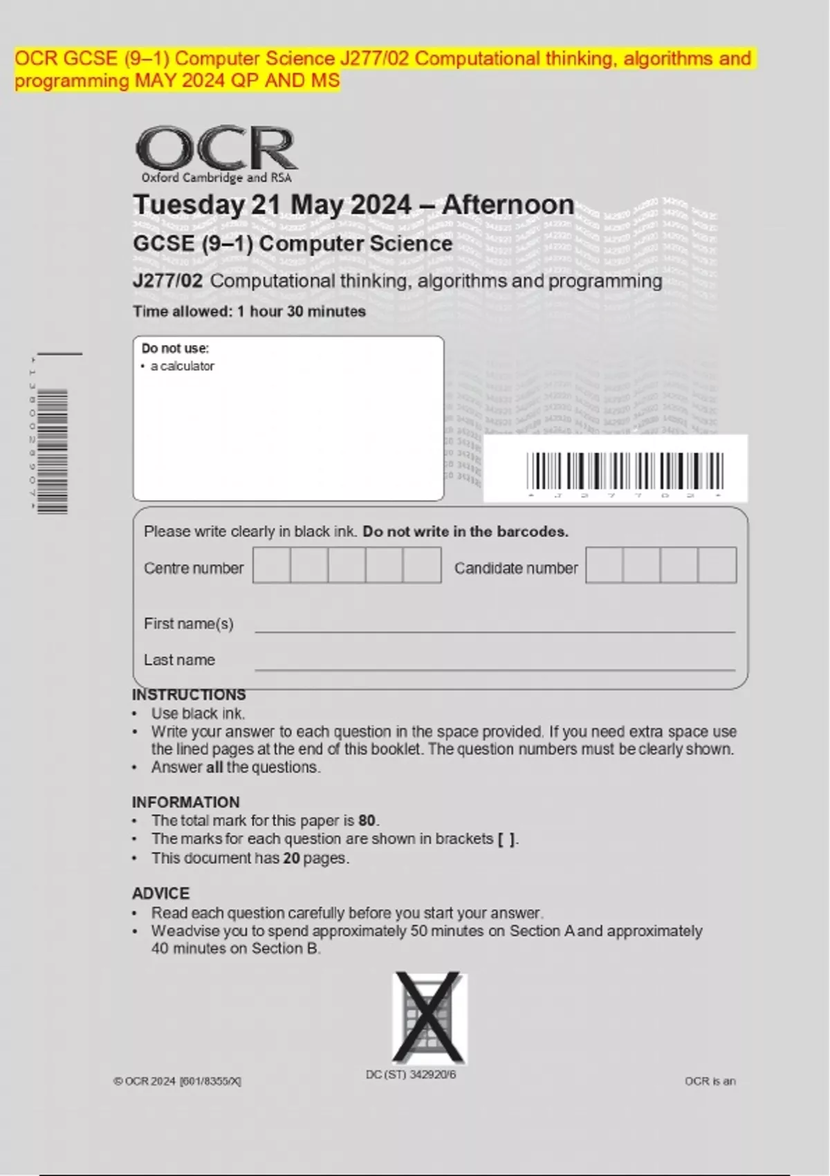 OCR GCSE (9–1) Computer Science J277/02 Computational thinking, algorithms and programming MAY ...
