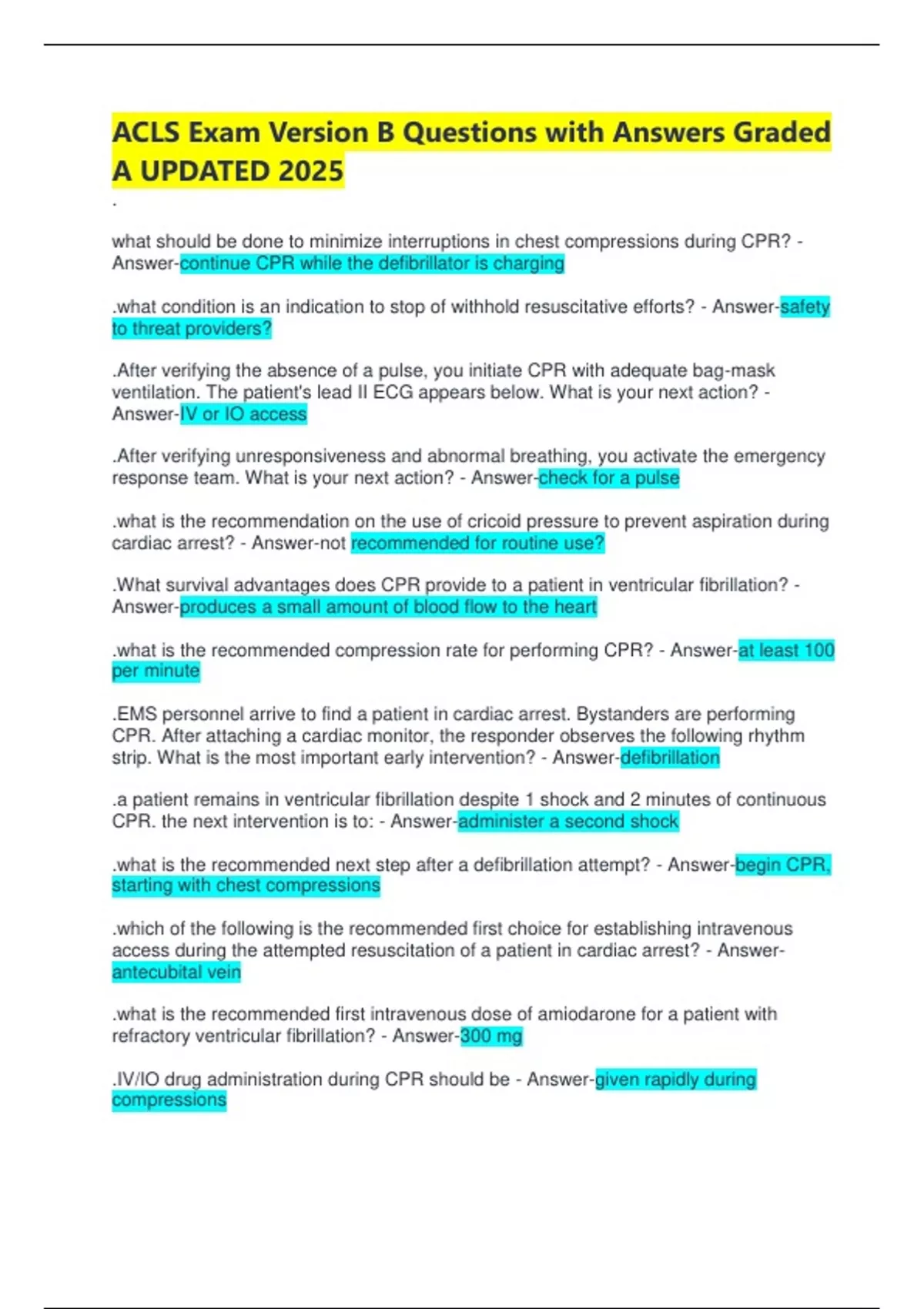 ACLS Exam Version B Questions with Answers Graded A UPDATED 2025 - ACLS ...