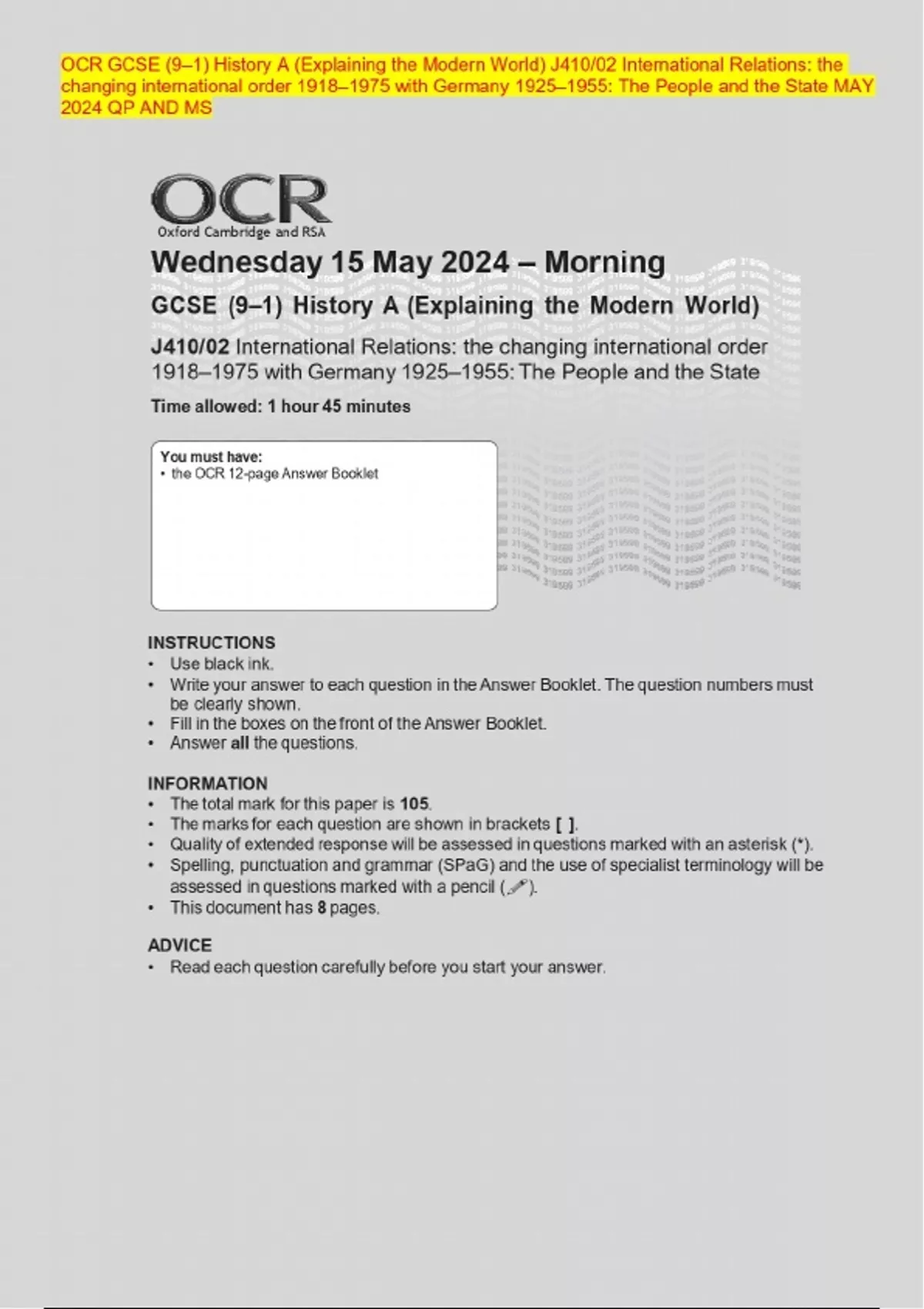 OCR GCSE (9–1) History A (Explaining the Modern World) J410/02 International Relations: the ...