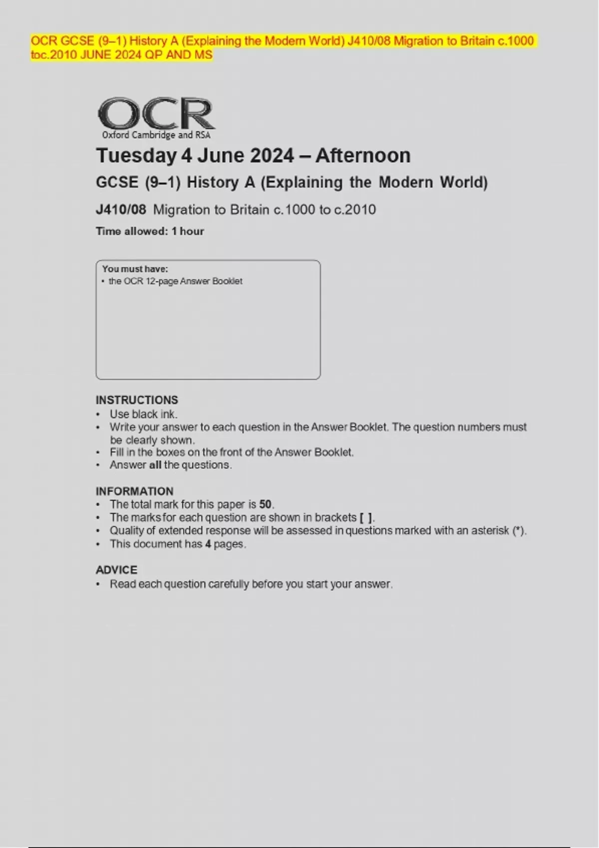 OCR GCSE (9–1) History A (Explaining the Modern World) J410/08 Migration to Britain c.1000 toc ...